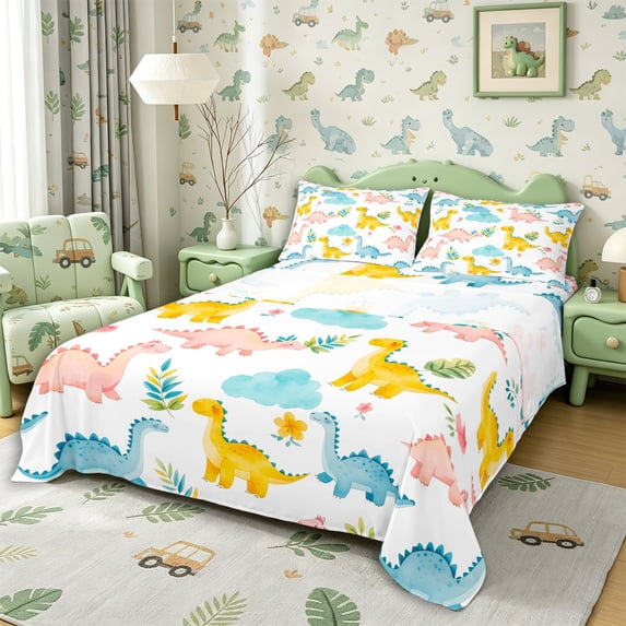 Aikeke Watercolor Dinosaur Bed Sheets 4-Piece, Floral Animal Dino Full ...