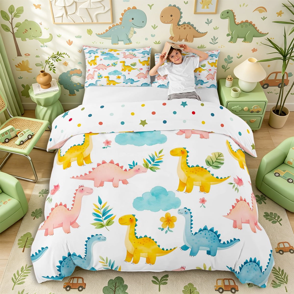 Aikeke Watercolor Dinosaur Duvet Cover King, Floral Animal Dino King ...
