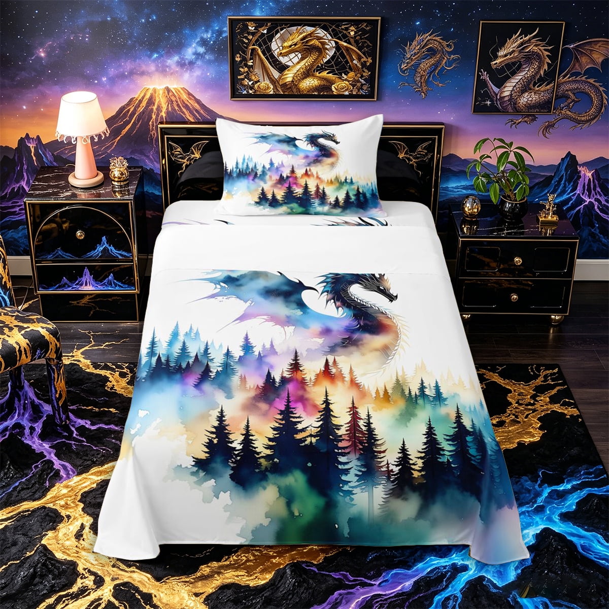 Aikeke Watercolor Gradient Dragon Twin Sheets 3pcs, Ombre Smooky Jungle ...