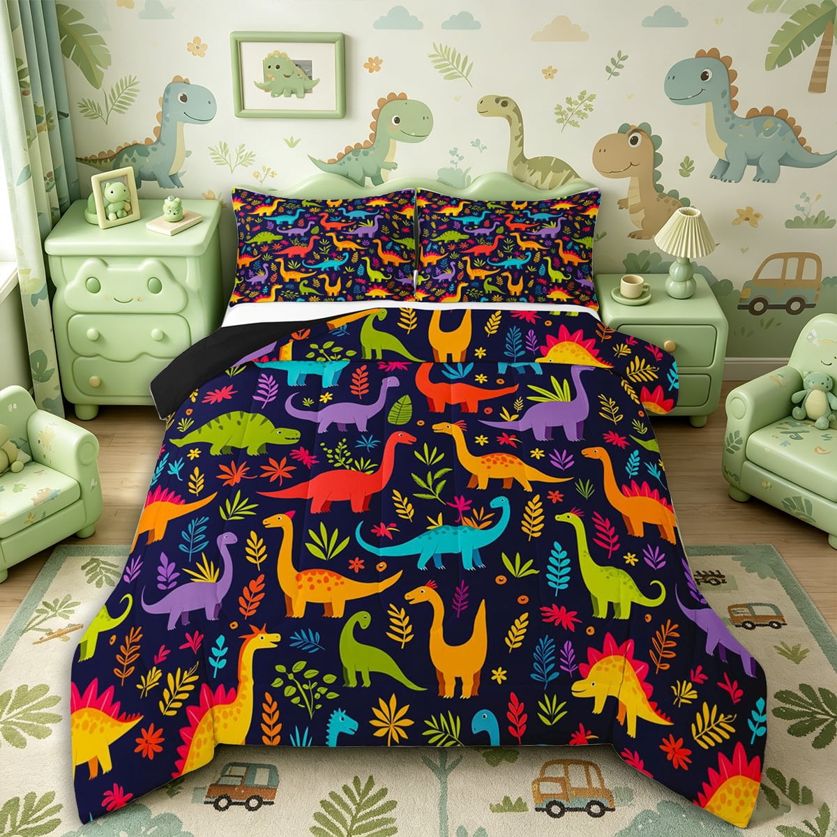 Aikeke Wildlife Dinosaur Queen Comforter Set 3 Pieces, Jungle Dino ...