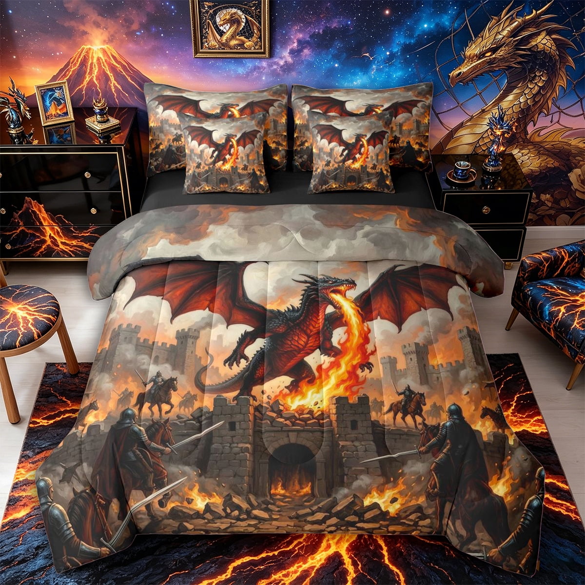 Aikeke Wildlife Dragon Queen Bedding 7pcs, Vintage Castle Knight ...