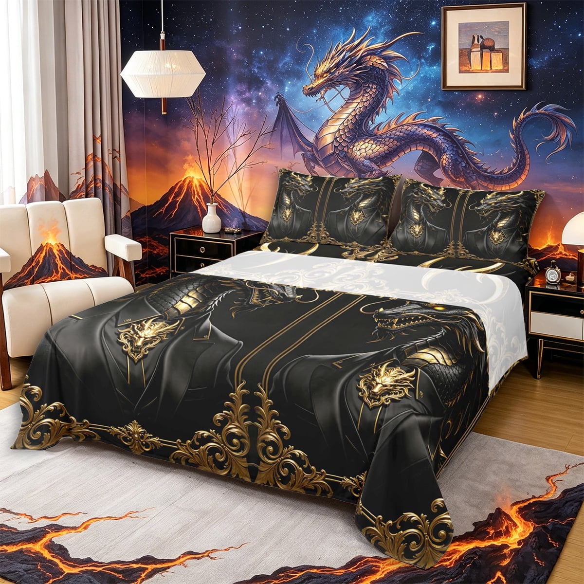 Aikeke Wildlife Dragon Queen Sheets 4 Pieces, Boho Hippie Damask Queen ...
