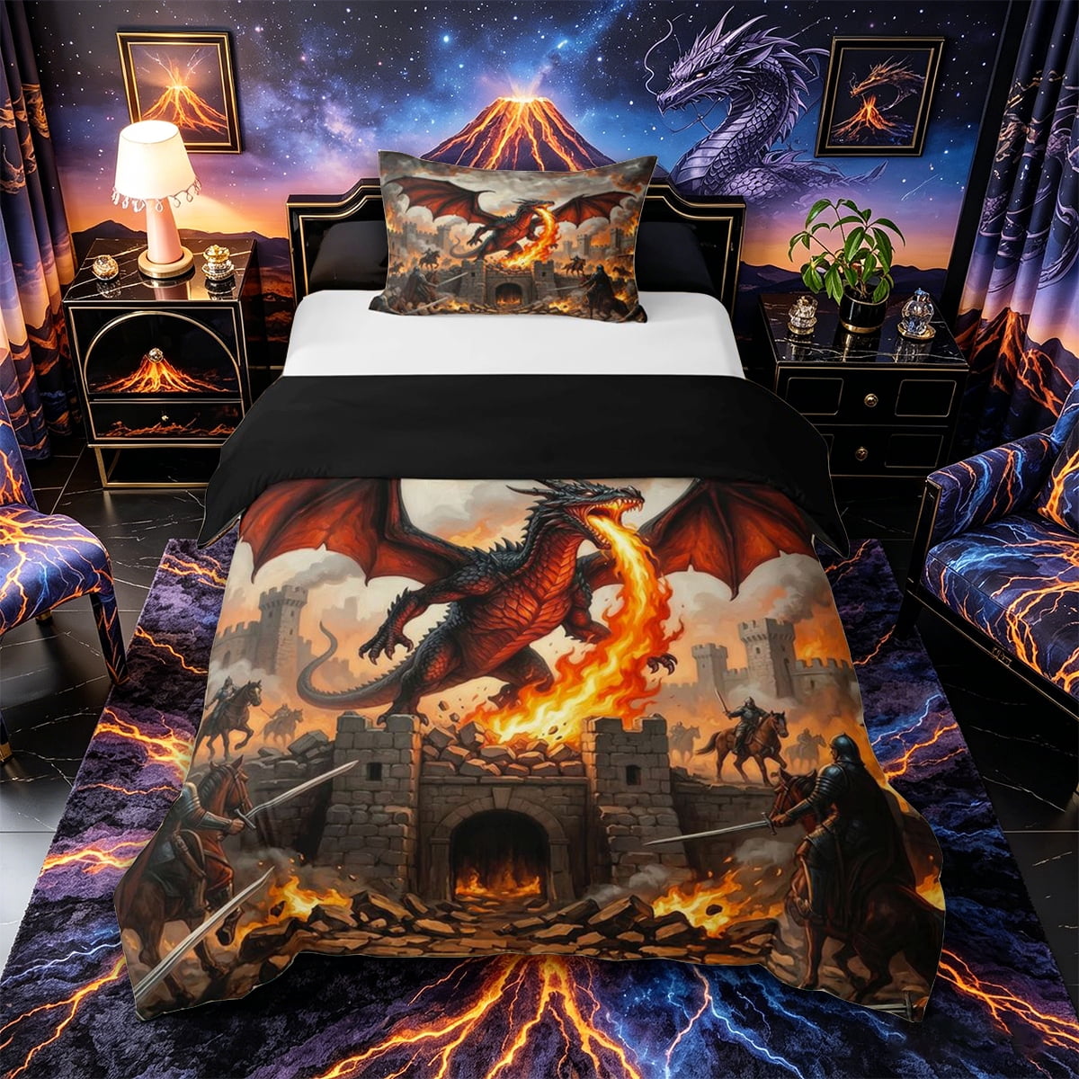 Aikeke Wildlife Dragon Twin Duvet Cover, Vintage Castle Knight Twin ...