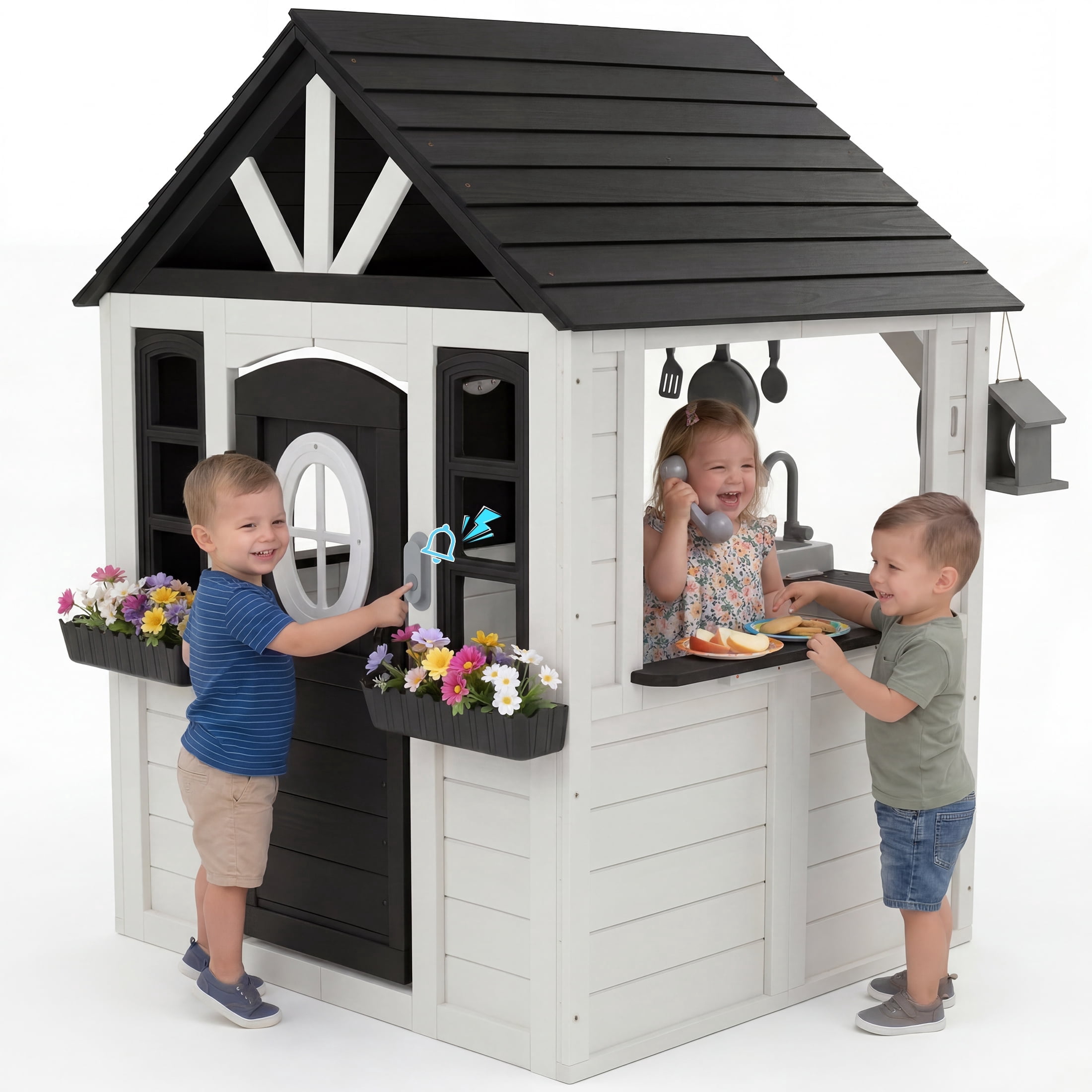 AiKidKit Kids Outdoor Playhouse, Wooden Playhouse with Play Kitchen ...