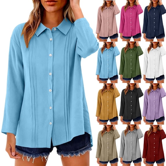 Ailaofu Autumn Pleated Front Button Up Blouse for Women, Long Sleeve ...