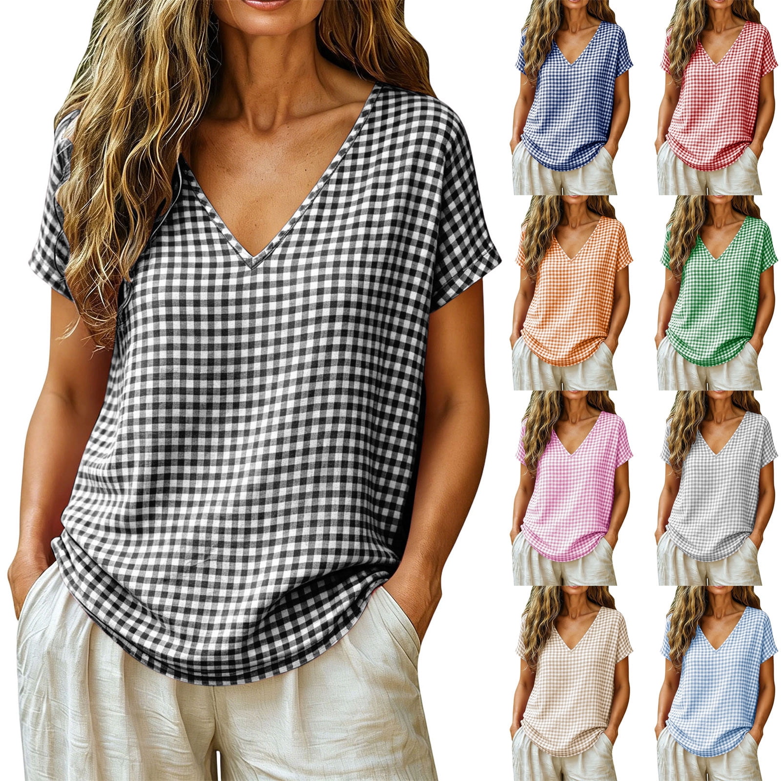 Ailaofu Autumn Short Sleeve Gingham Shirt for Women Casual Loose V Neck ...