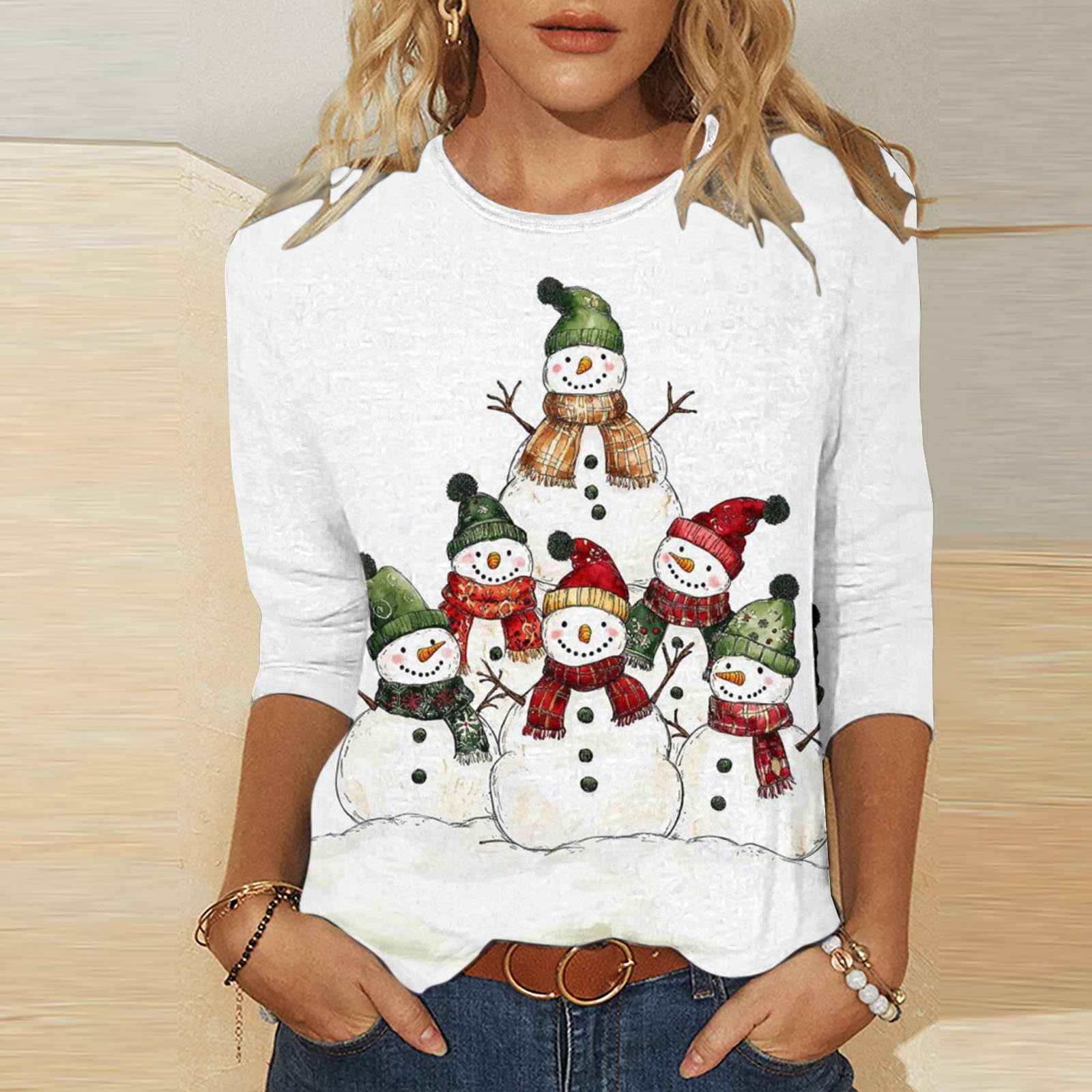 Ailaofu Christmas Shirts for Women Funny Graphic Crewneck 3/4 Sleeve ...