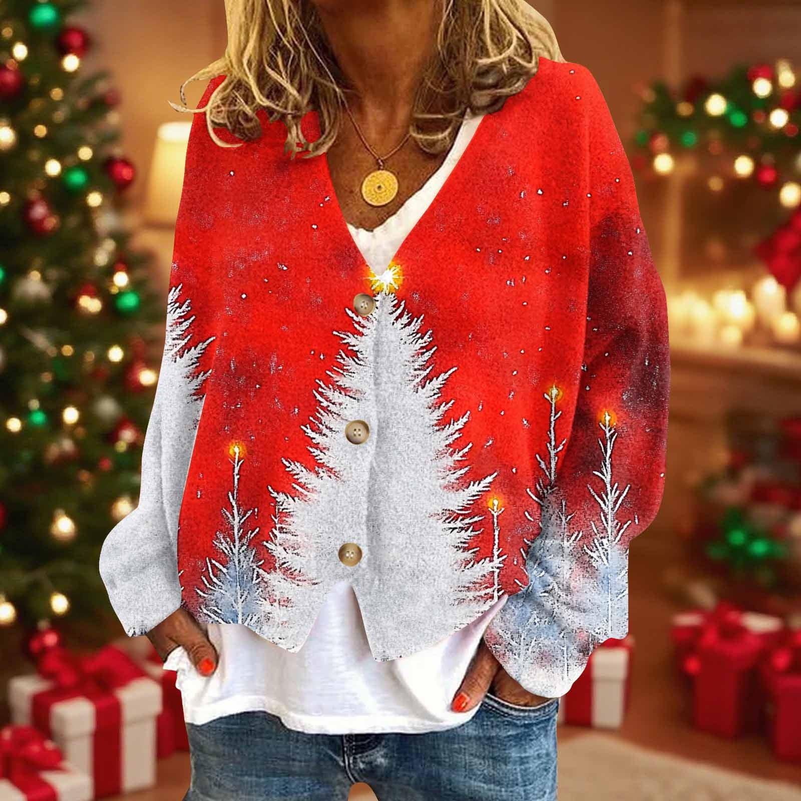Ailaofu Christmas Sweaters for Women Cable Knit V Neck Button Up ...