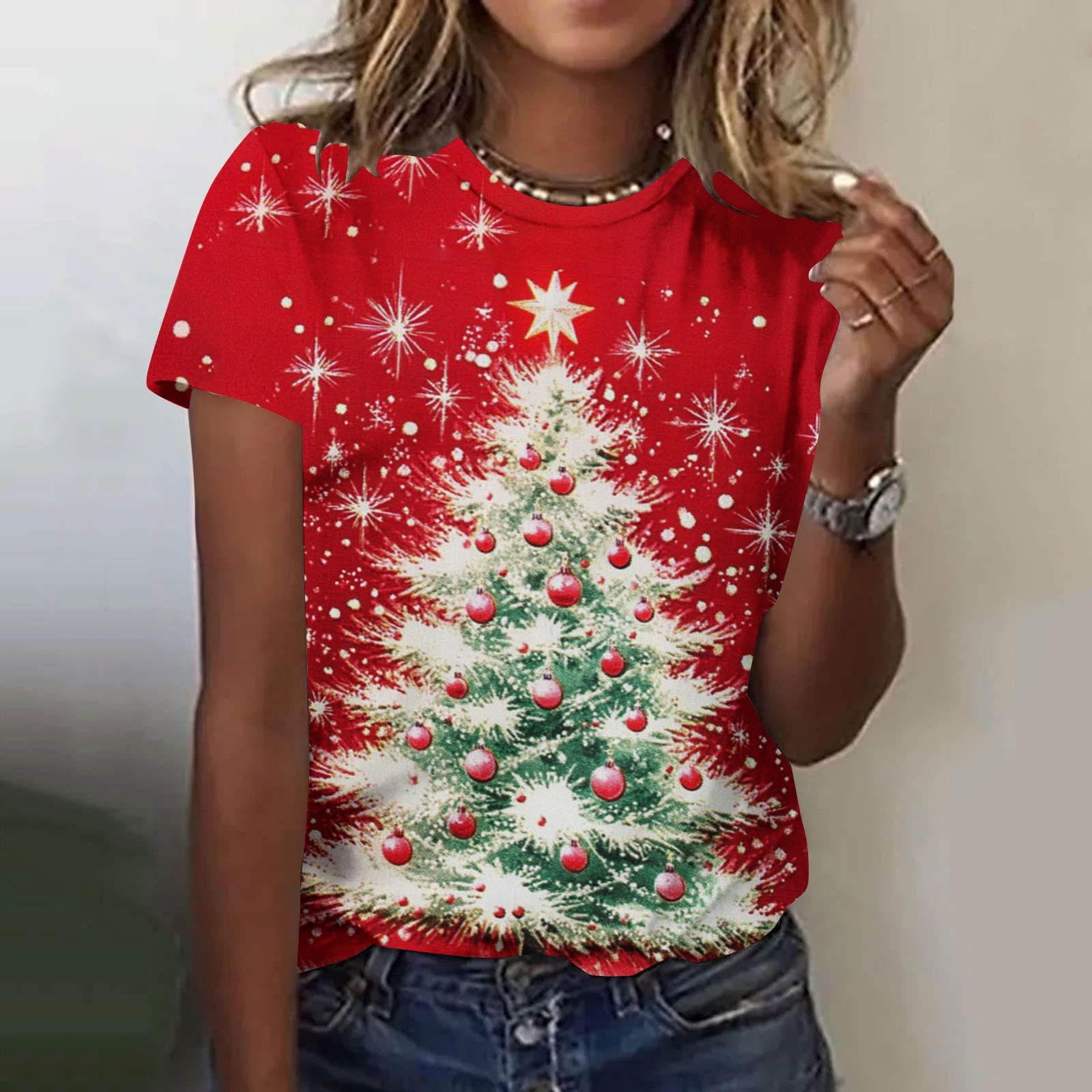 Ailaofu Cute Xmas Tree Graphic Tees for Women Trendy Short Sleeve Ugly ...