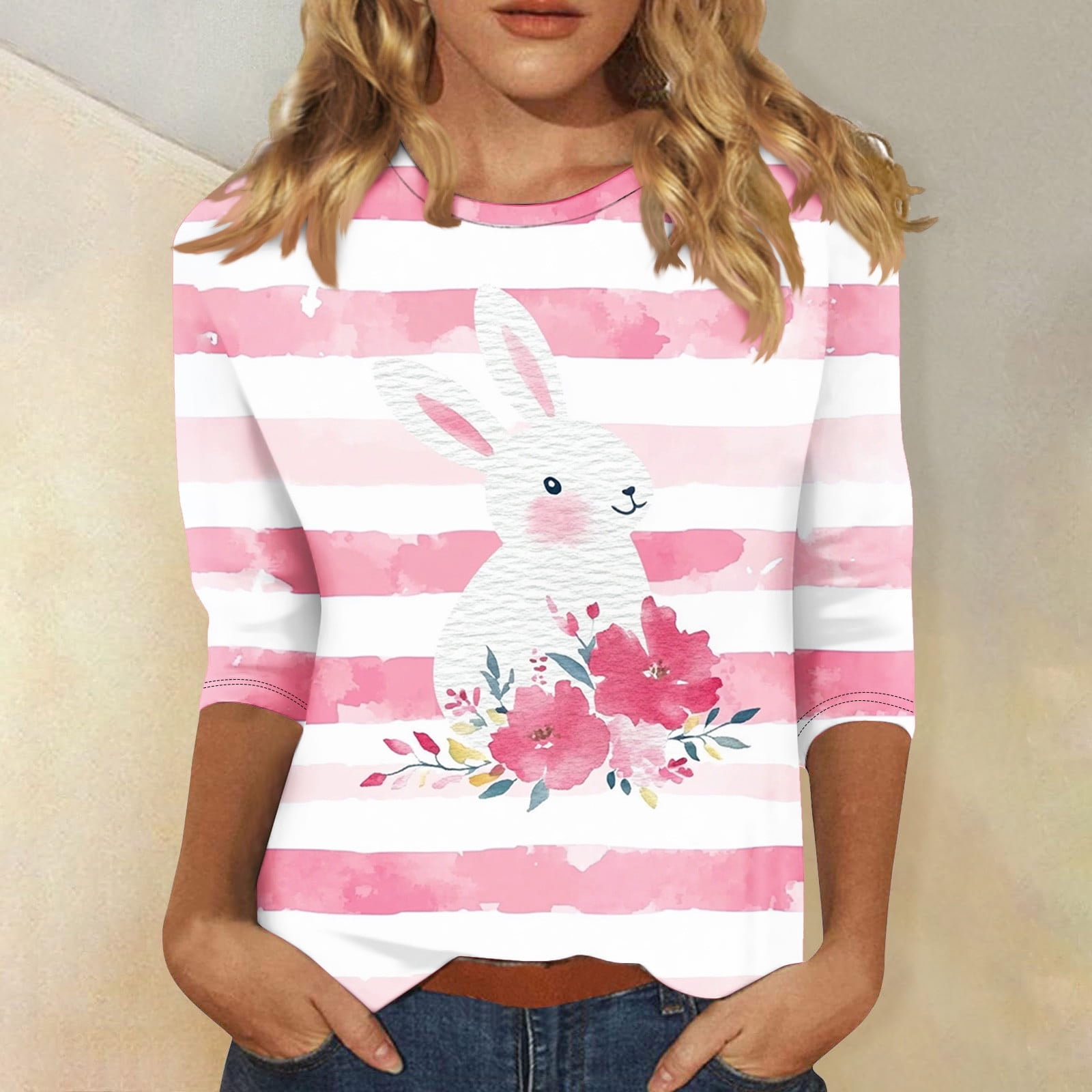 Ailaofu Happy Easter Women's 3/4 Sleeve Tops Crew Neck Summer Bunny ...