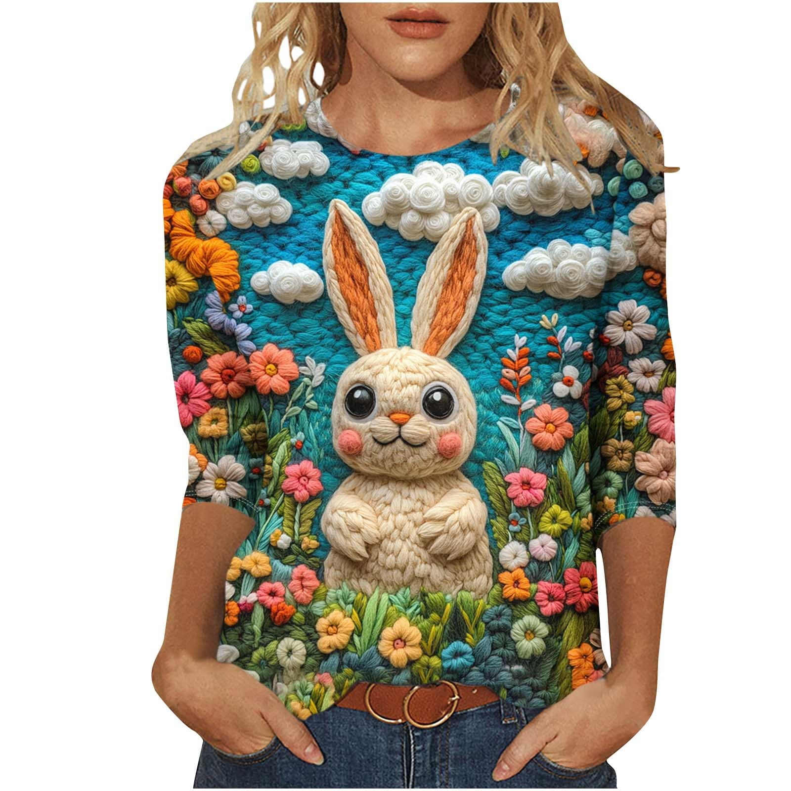 Ailaofu Happy Easter Women's 3/4 Sleeve Tops Crew Neck Summer Bunny ...