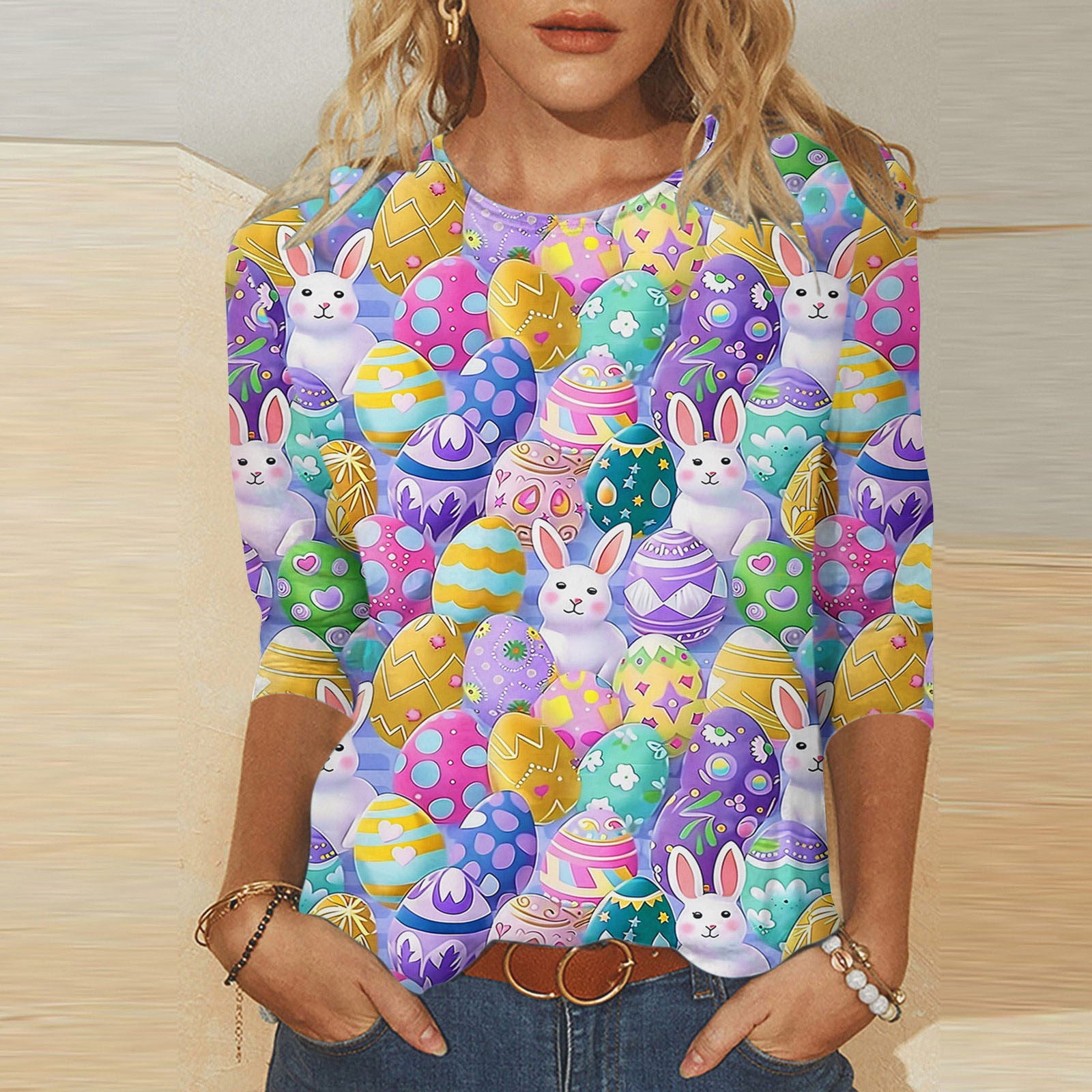 Ailaofu Happy Easter Women's 3/4 Sleeve Tops Crew Neck Summer Bunny ...