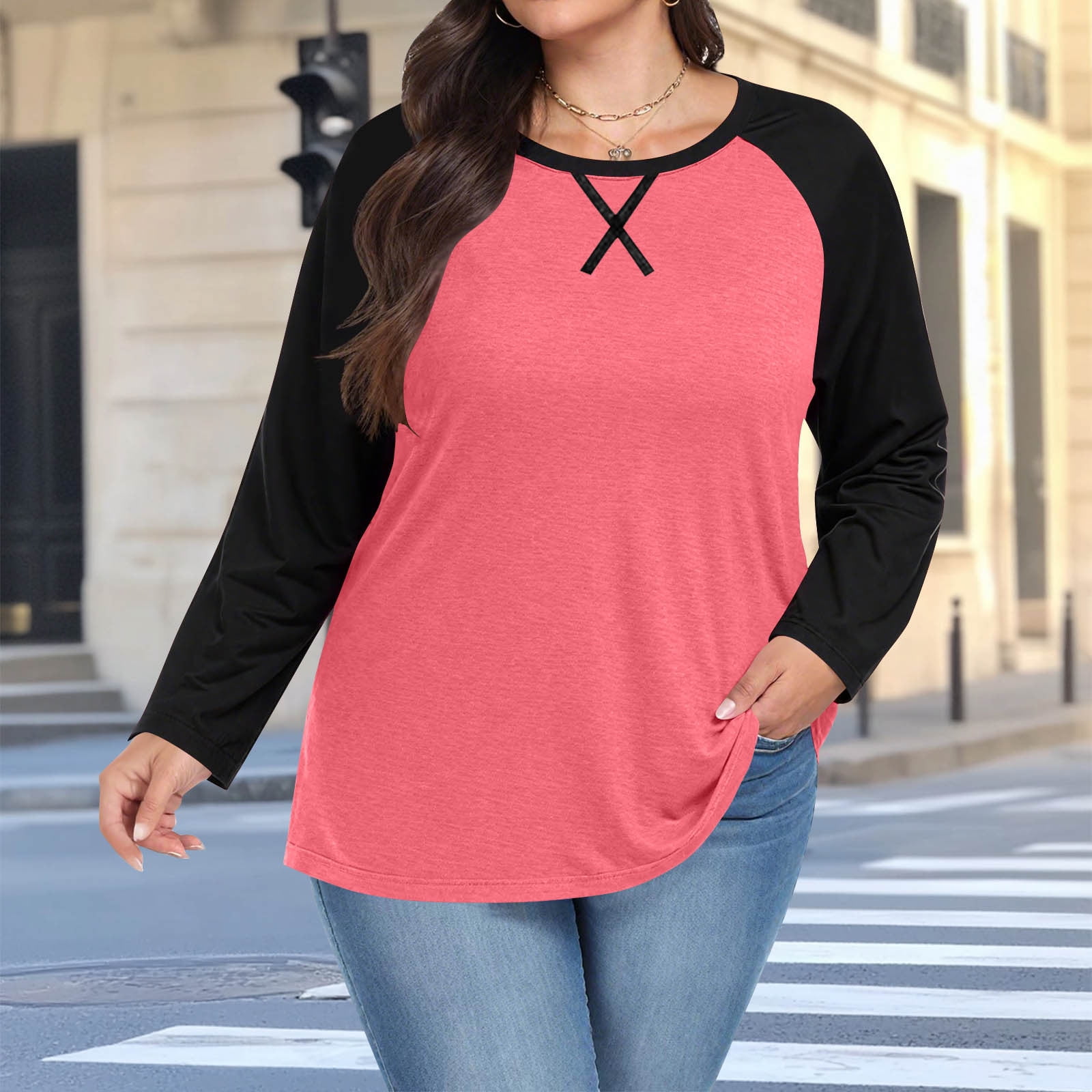 Ailaofu Plus Size Long Sleeve Shirts for Women Color Block Raglan Tops ...
