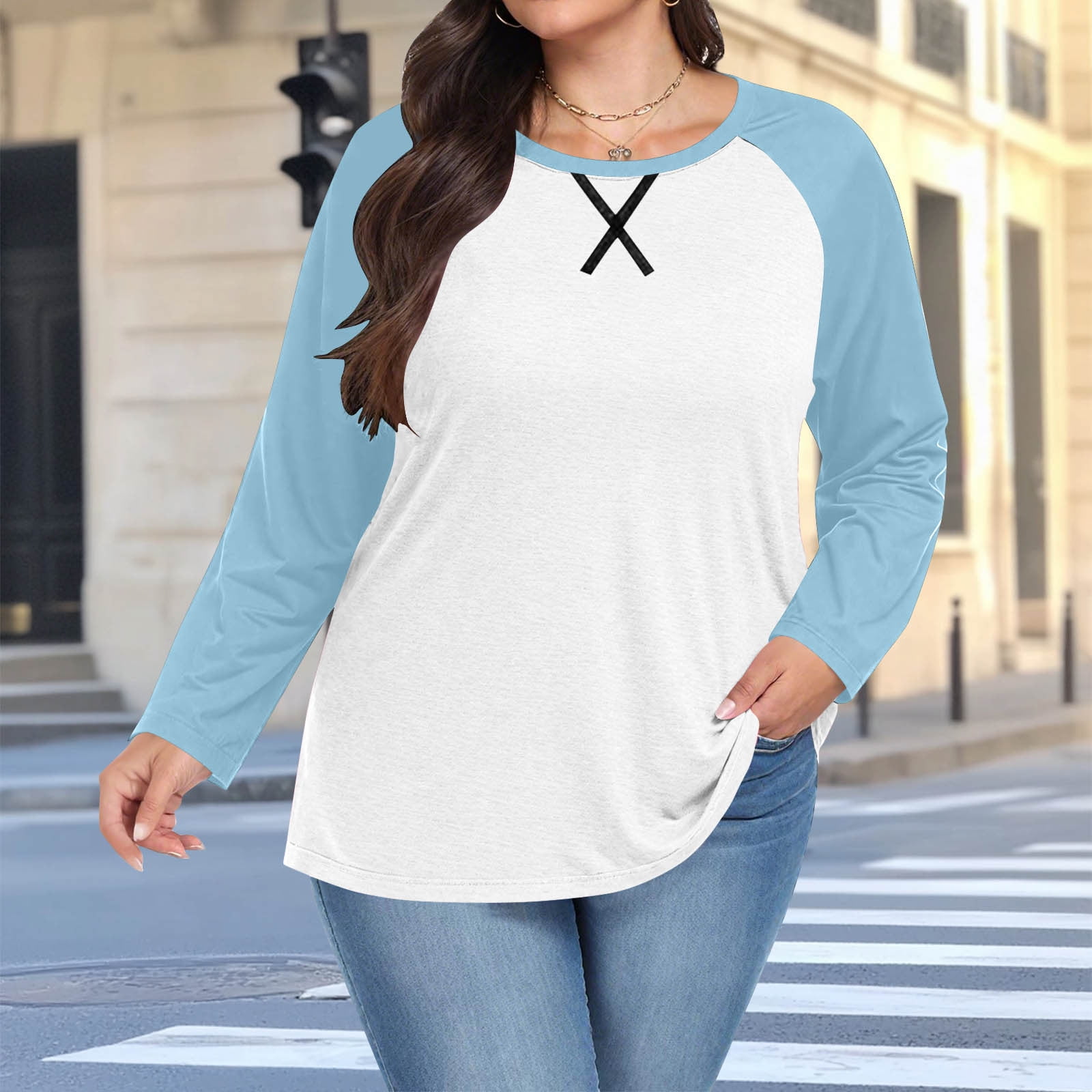 Ailaofu Plus Size Long Sleeve Shirts for Women Color Block Raglan Tops ...
