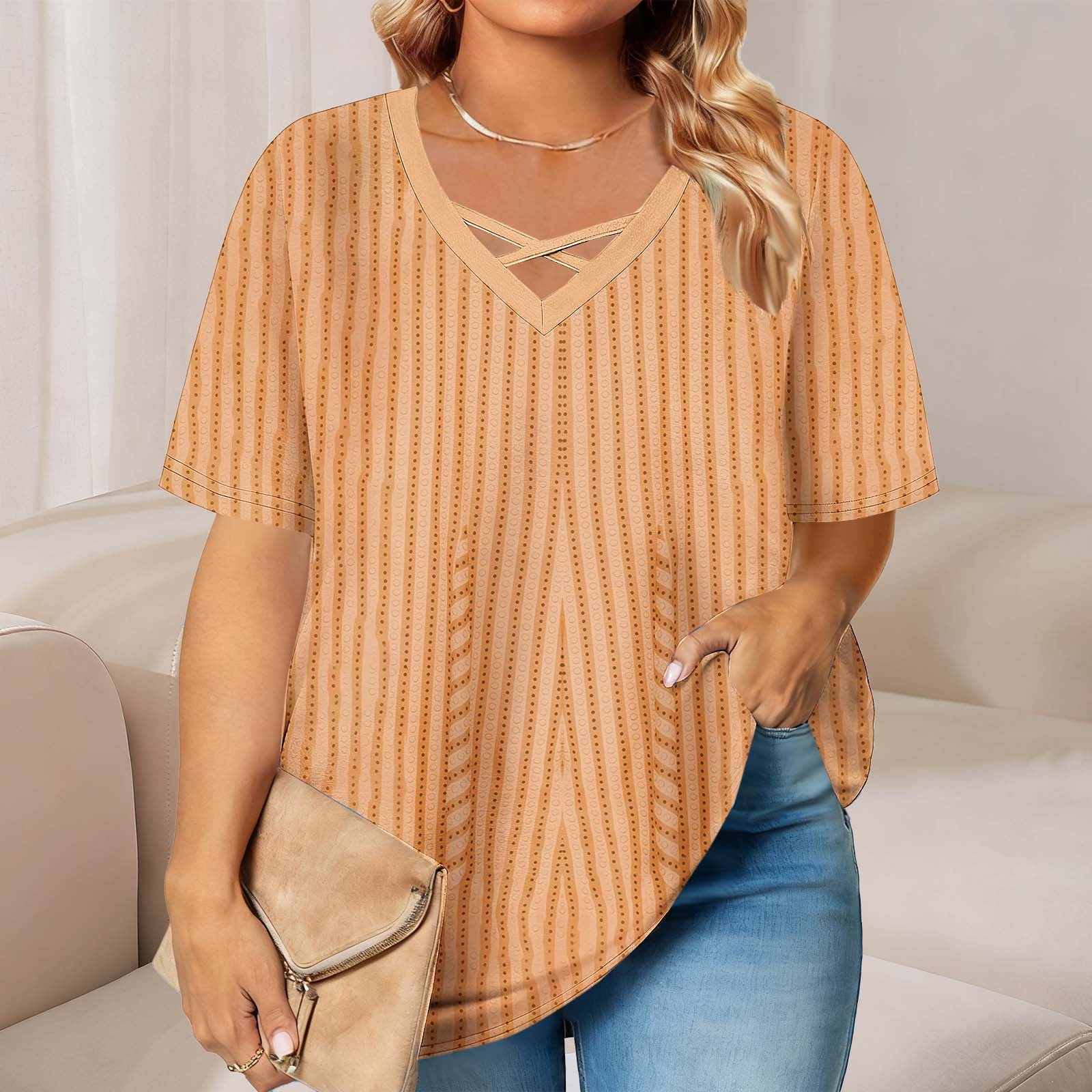Ailaofu Plus Size Tops for Women Short Sleeve Tees V Neck Tunics Solid ...