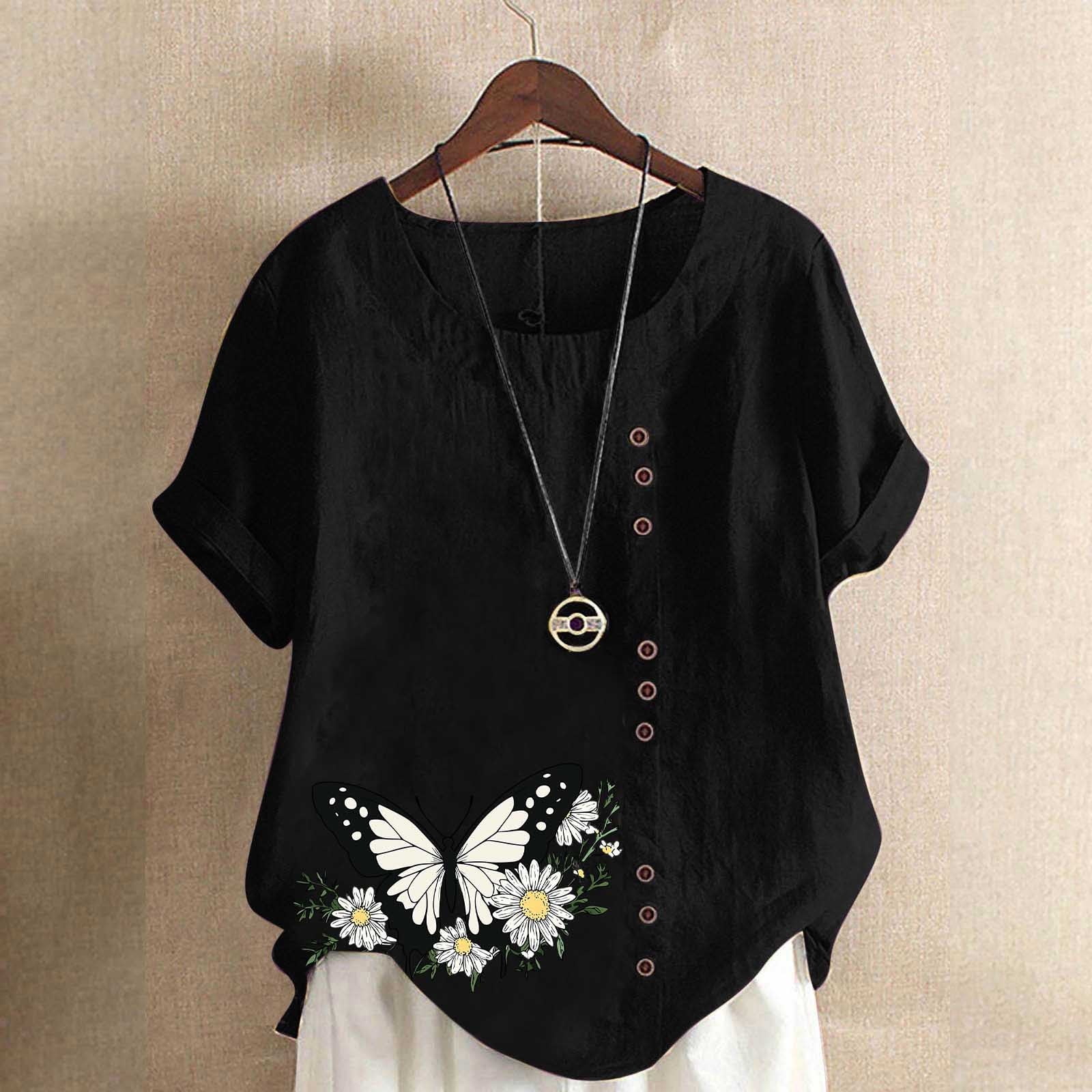 Ailaofu Plus Size Women Cotton Linen Crew Neck Short Sleeve Tunic, Tee ...