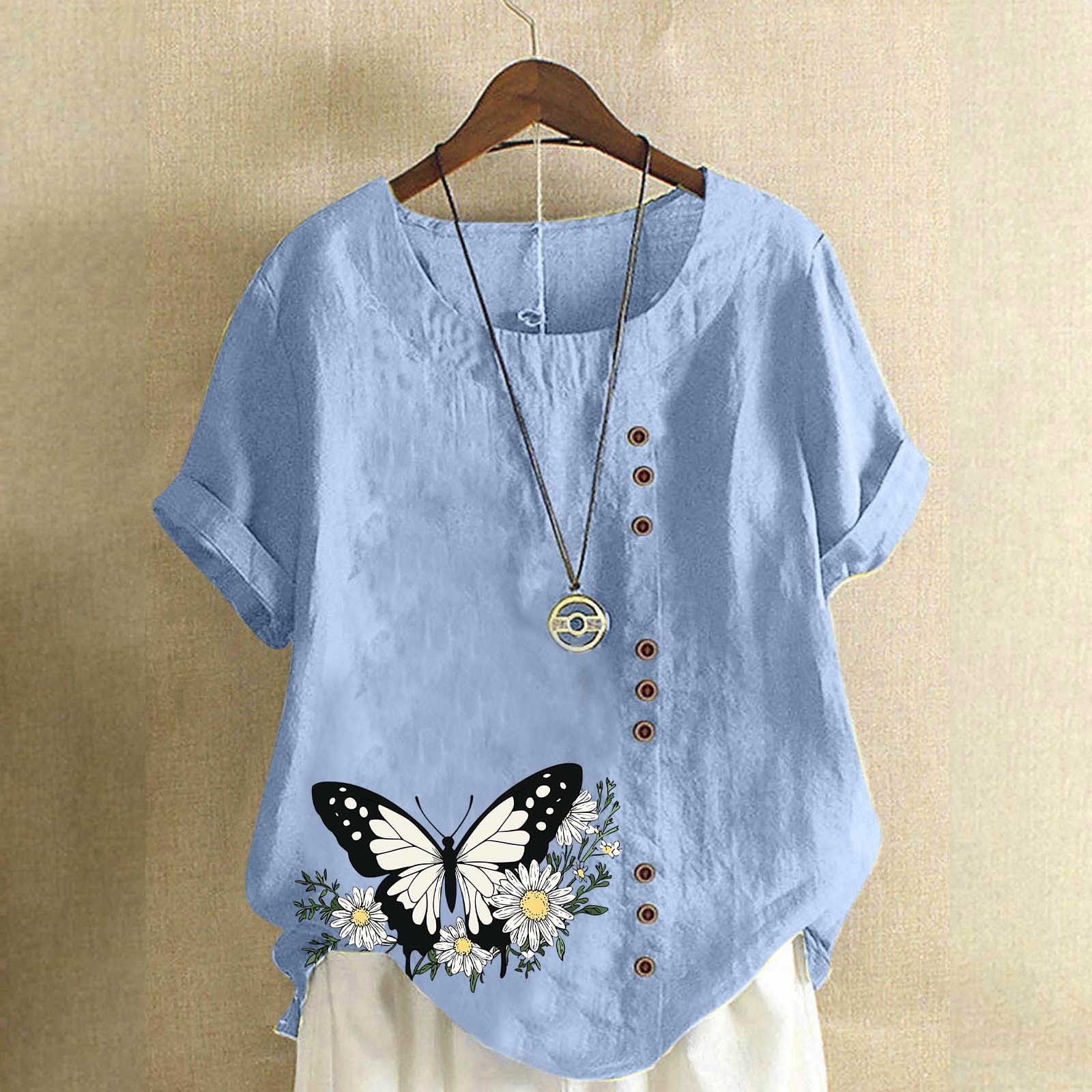 Ailaofu Plus Size Women Cotton Linen Crew Neck Short Sleeve Tunic, Tee ...