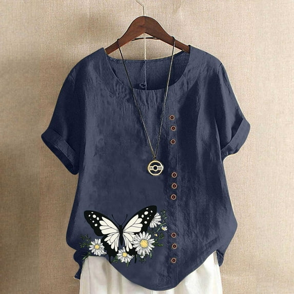 Ailaofu Plus Size Women Cotton Linen Crew Neck Short Sleeve Tunic, Tee ...