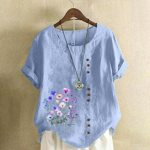 Ailaofu Plus Size Women Cotton Linen Crew Neck Short Sleeve Tunic, Tee ...