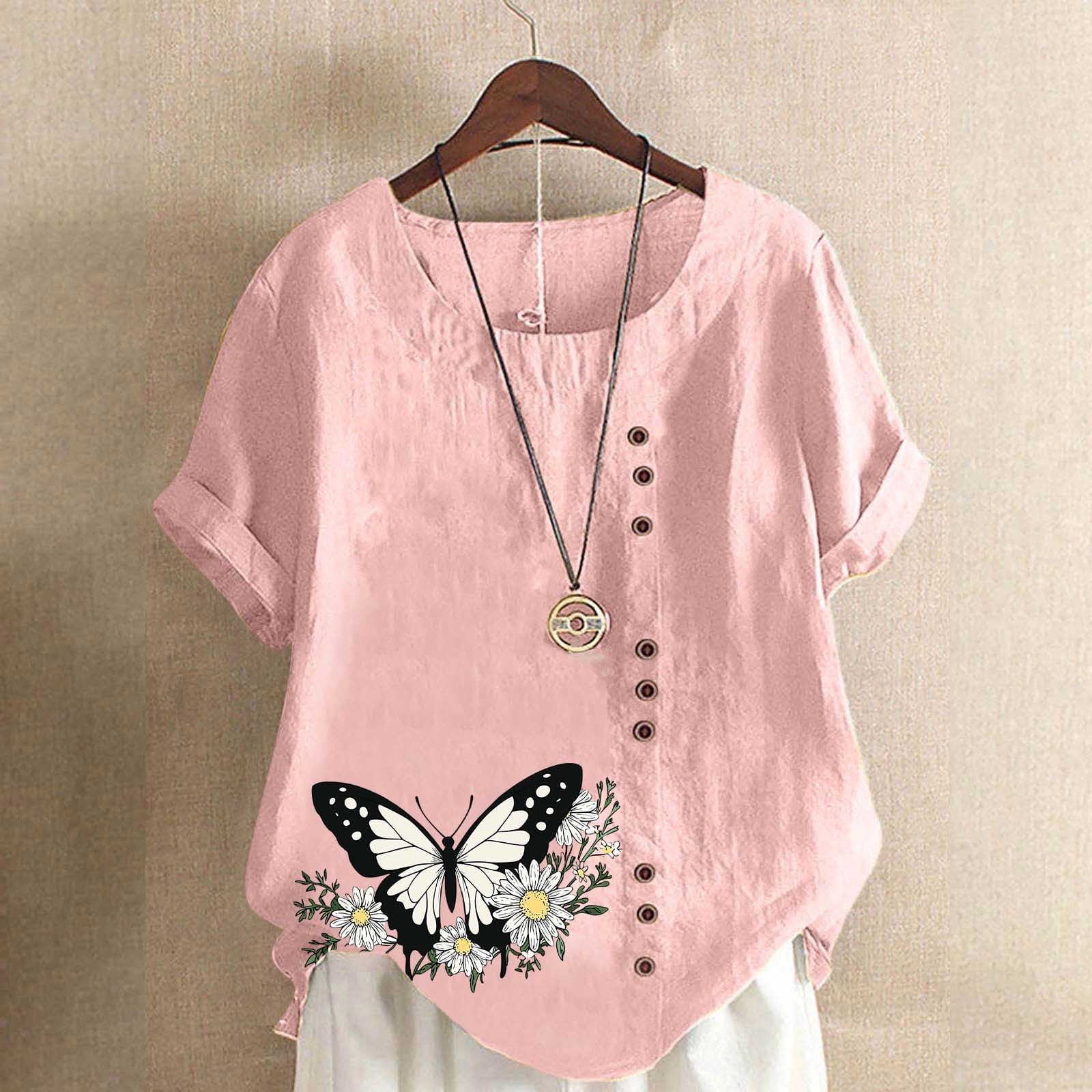 Ailaofu Plus Size Women Cotton Linen Crew Neck Short Sleeve Tunic, Tee ...