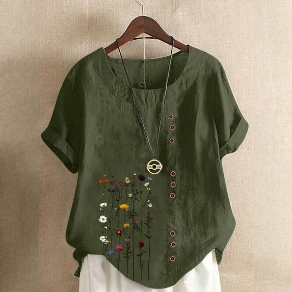 Ailaofu Plus Size Women Cotton Linen Crew Neck Short Sleeve Tunic, Tee ...