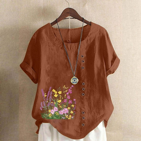 Ailaofu Plus Size Women Cotton Linen Crew Neck Short Sleeve Tunic, Tee ...