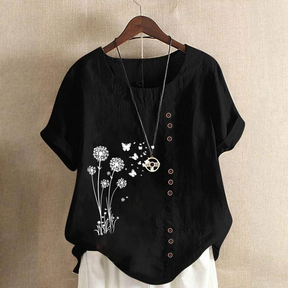 Ailaofu Plus Size Women Cotton Linen Crew Neck Short Sleeve Tunic, Tee ...