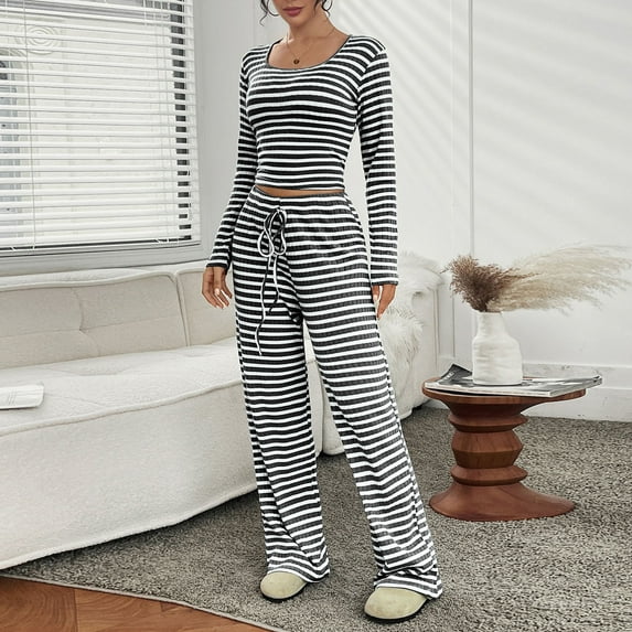 Ailaofu Striped Two Piece Outfits Women Long Sleeve Lounge Set 2025 Trendy Pants Matching Sets ...