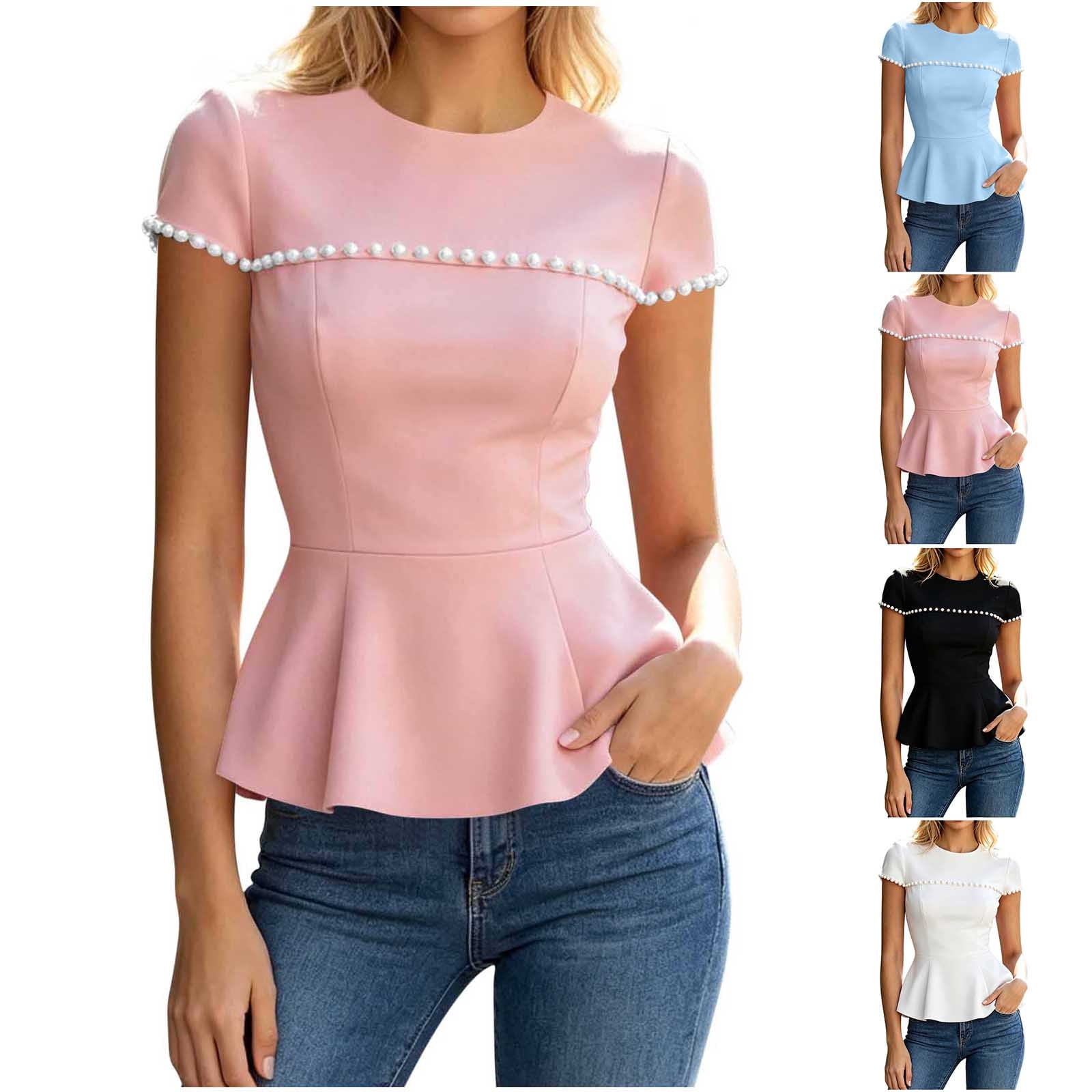 Ailaofu Summer Pearl Trim Peplum Blouse for Women, Short Sleeve Round ...