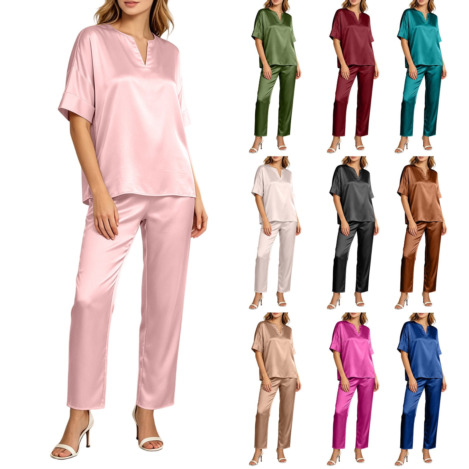 Ailaofu Summer Satin Lounge Sets for Women, 2 Piece Short Sleeve V Neck ...