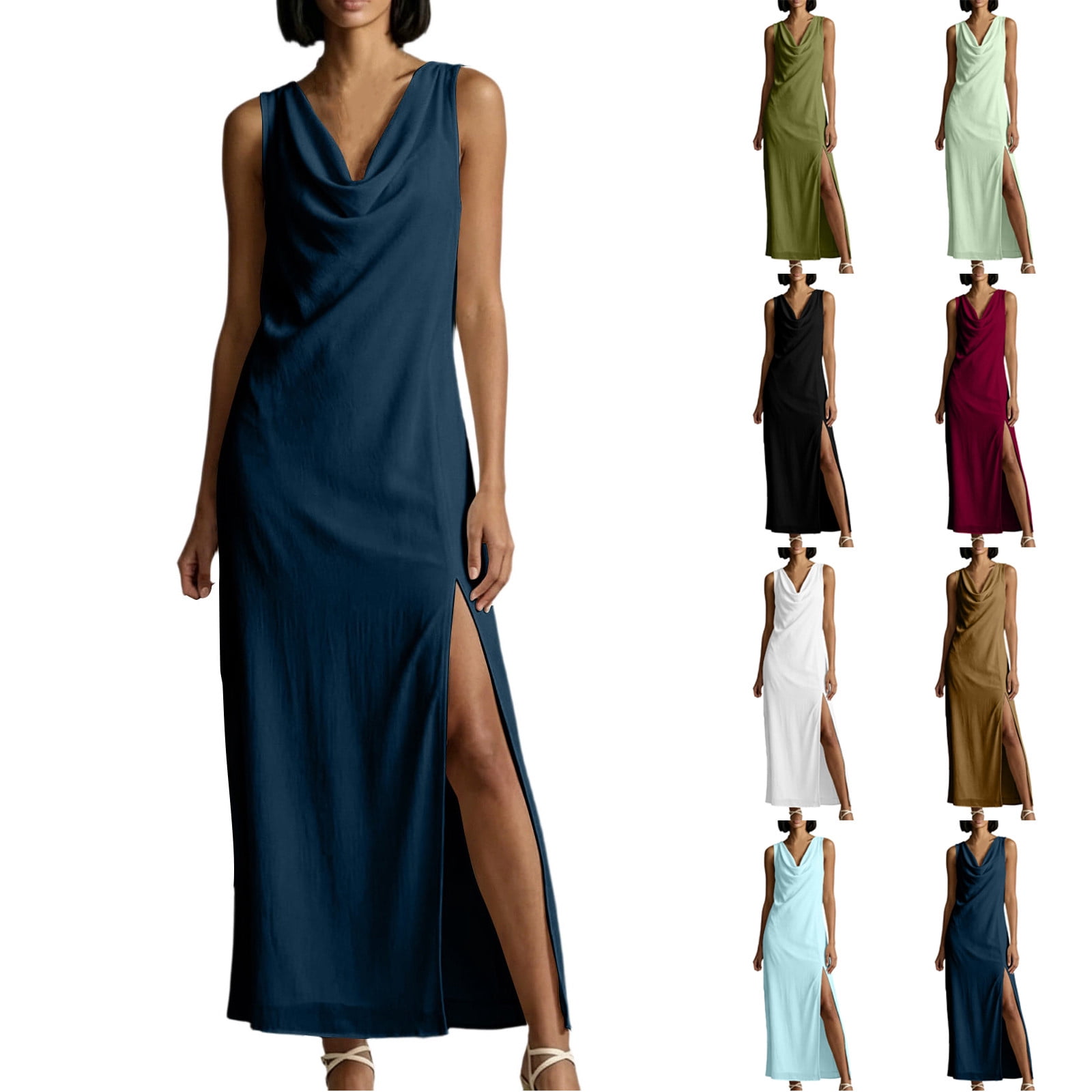 Ailaofu Summer Women's Elegant Solid Color Dress, Sleeveless Cowl Neck ...