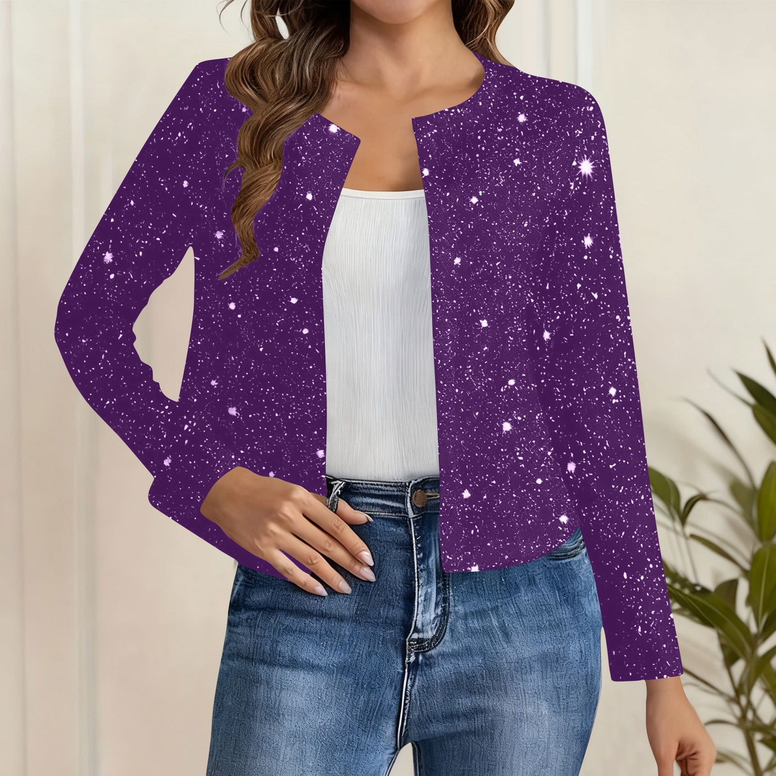 Ailaofu Women Fashion Sequin Jacket Open Front Long Sleeve Short Blazer ...