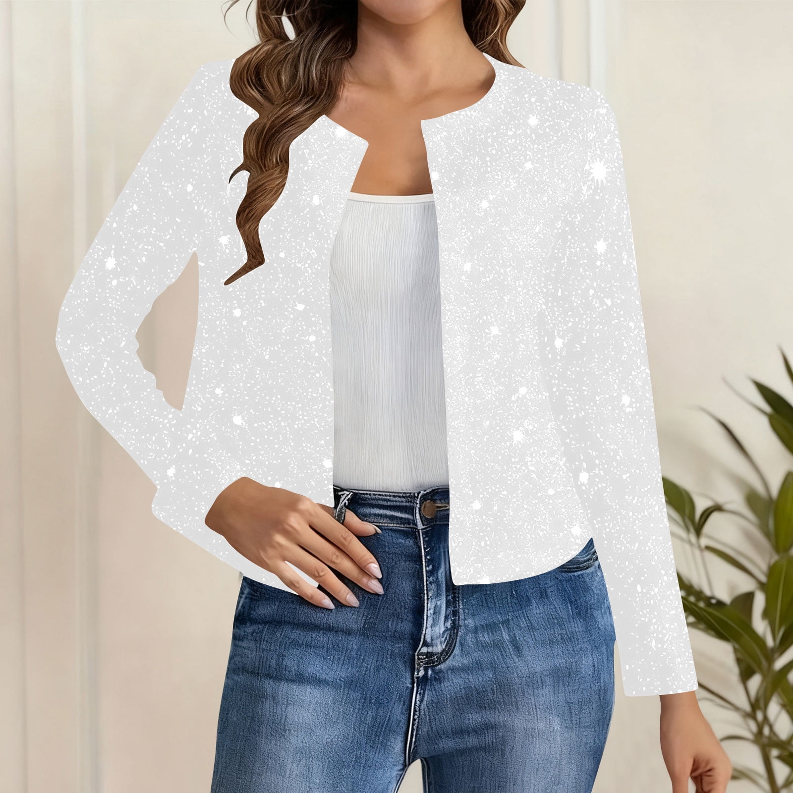 Ailaofu Women Fashion Sequin Jacket Open Front Long Sleeve Short Blazer ...