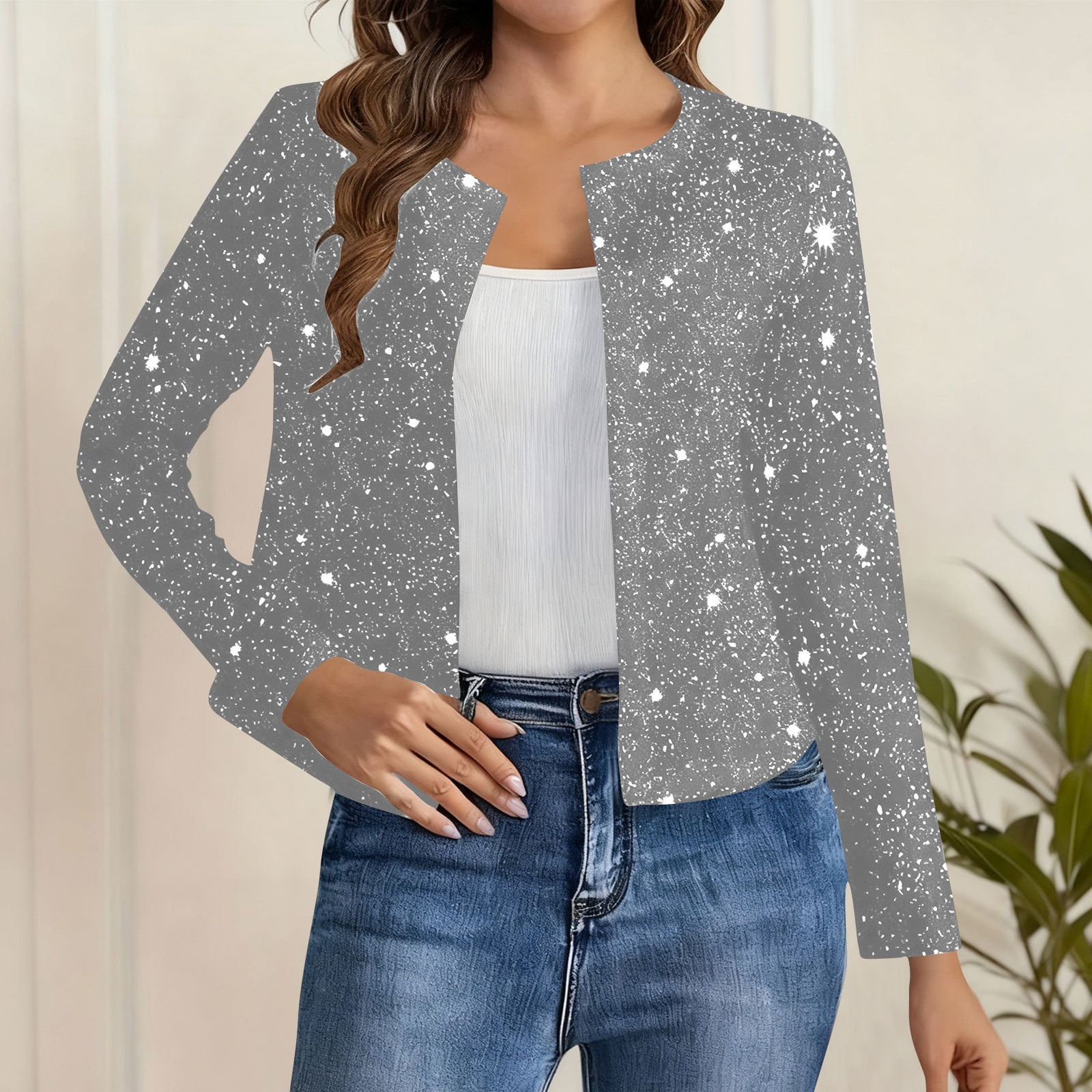 Ailaofu Women Fashion Sequin Jacket Open Front Long Sleeve Short Blazer ...