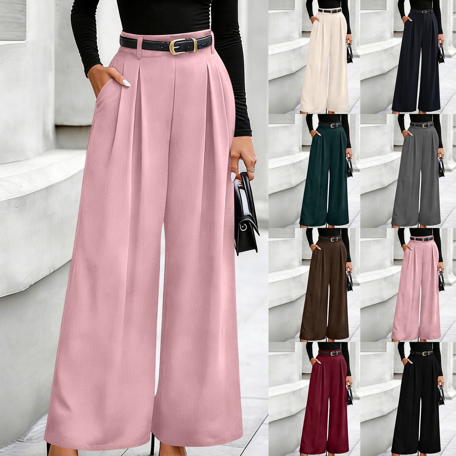 Ailaofu Women High Waist Pleated Wide Leg Dress Pants With Detachable ...