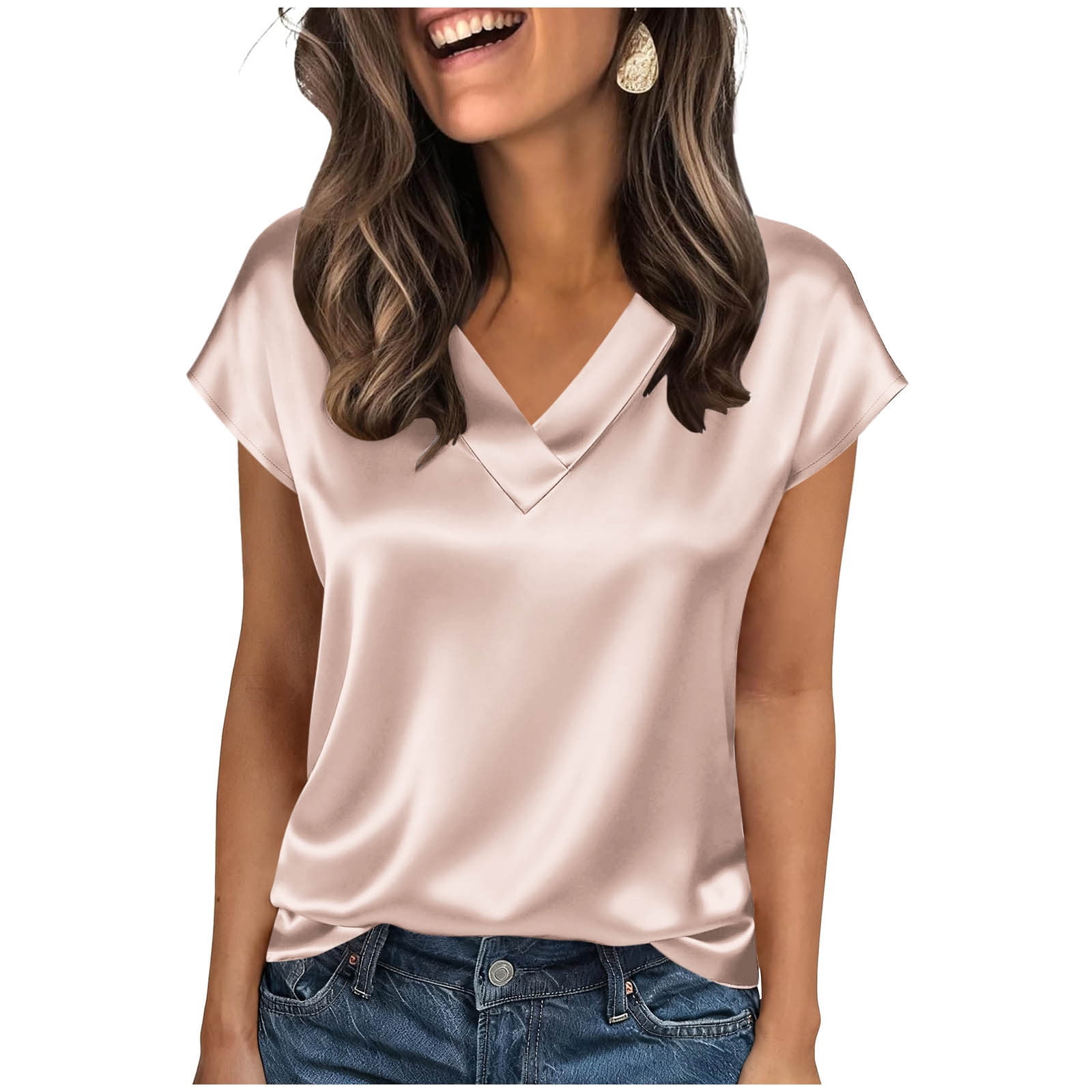 Ailaofu Women Satin Tops Cap Short Sleeve Blouse V Neck Shirts Business ...