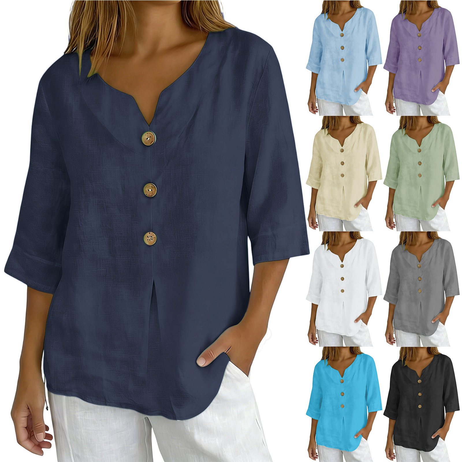 Ailaofu Women Summer 3/4 Sleeve V Neck Button Down Blouses, Casual ...