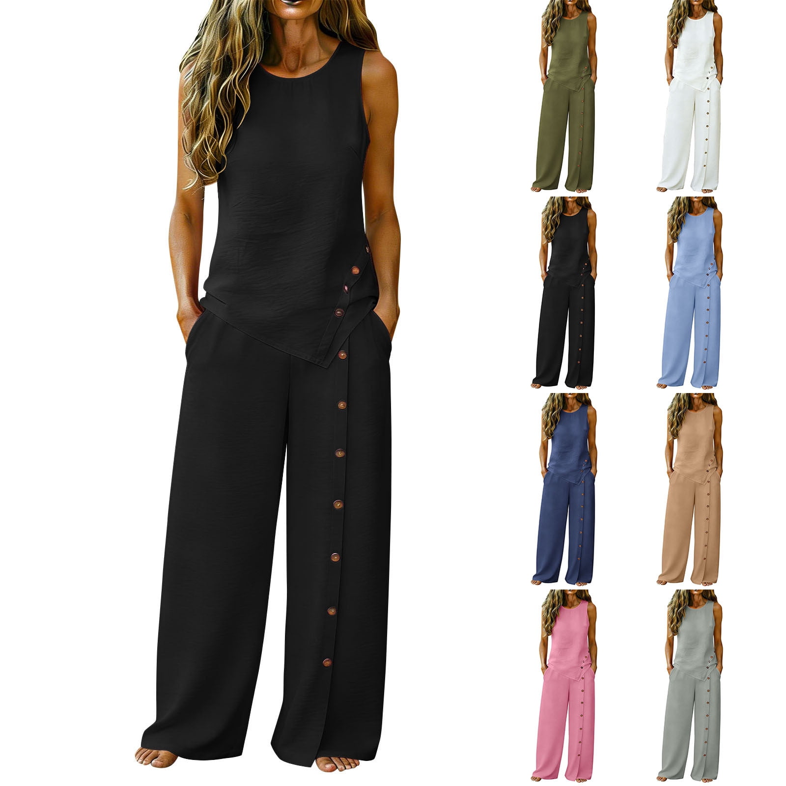 Ailaofu Women Summer Cotton Linen Outfit,Sleeveless Round Neck Top with ...