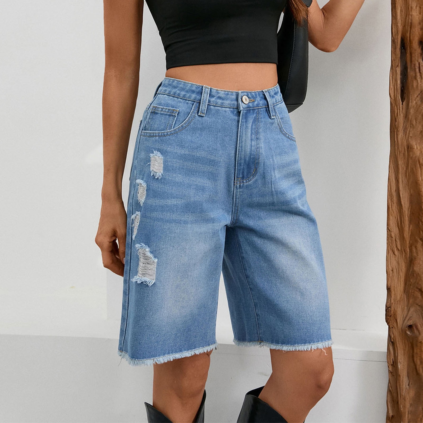 Ailaofu Women Summer Frayed Ripped Bermuda Shorts Distressed Denim ...