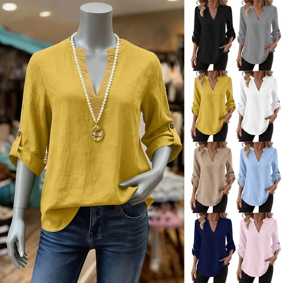 Ailaofu Women V Neck Blouses Summer Three-Quarter Sleeve Tunic Tops ...