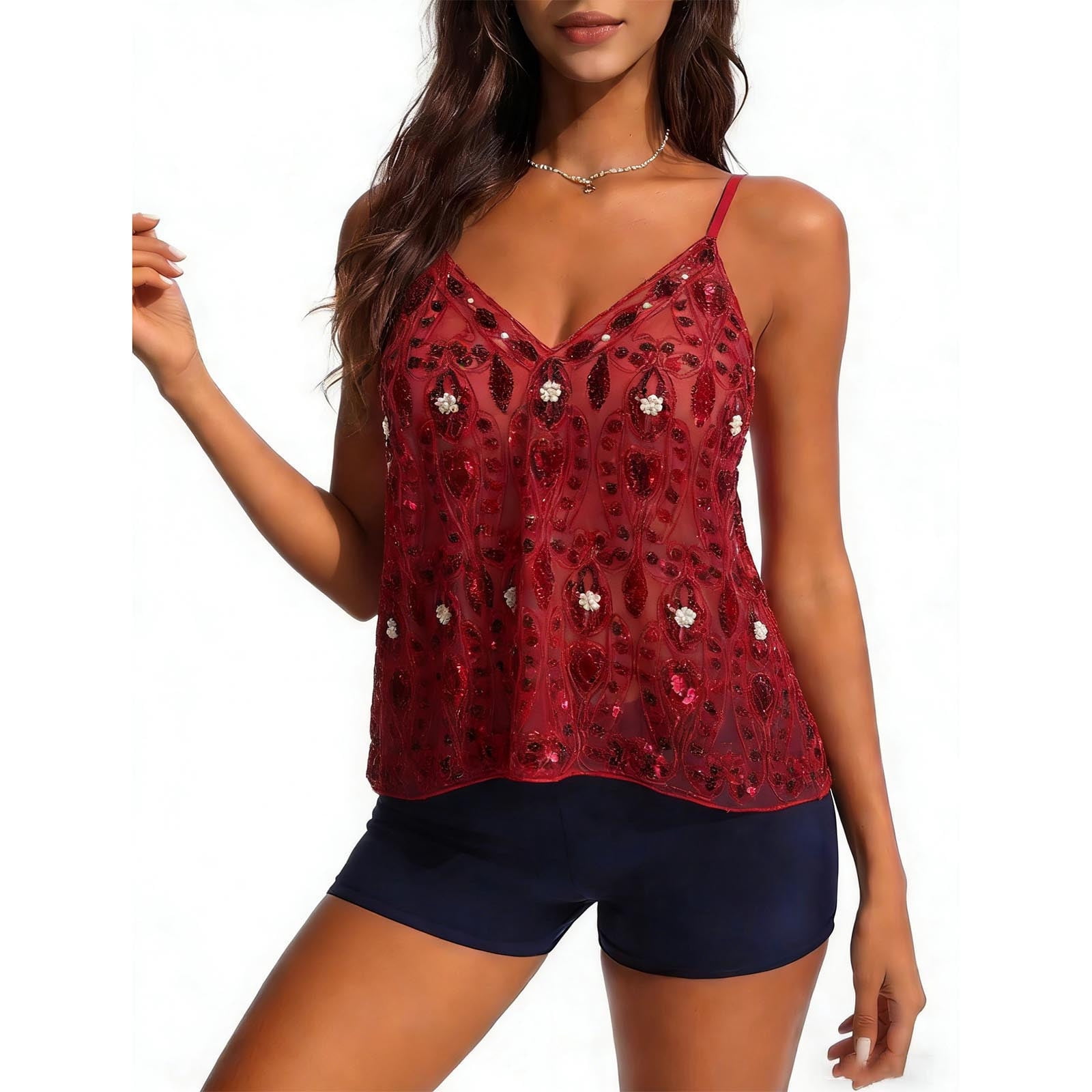Ailaofu Women V Neck Sequin Tank Top See Through Strap Camisole Beaded ...