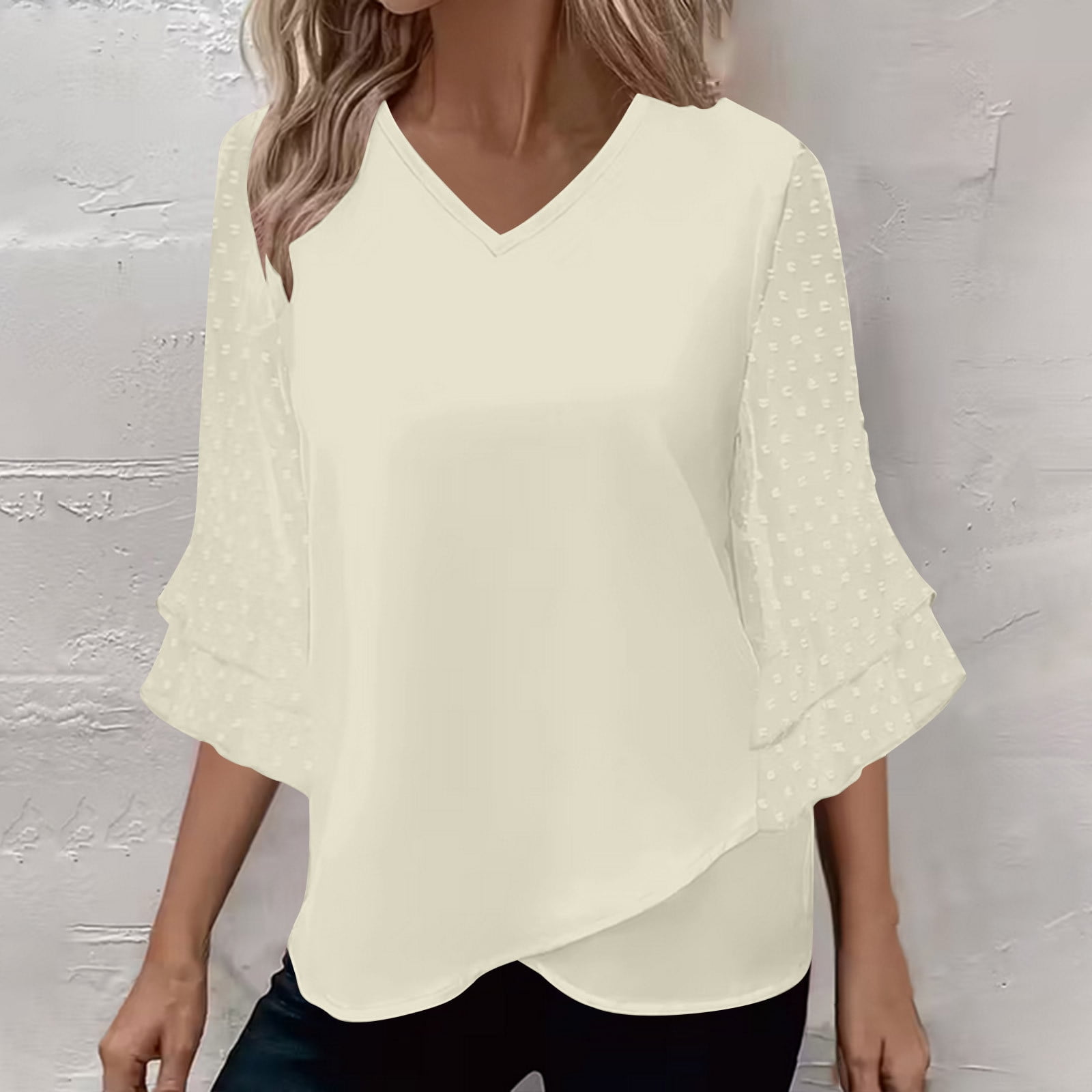 Ailaofu Women's 3/4 Sleeve Floral Blouses Shirts Double Layers V Neck ...