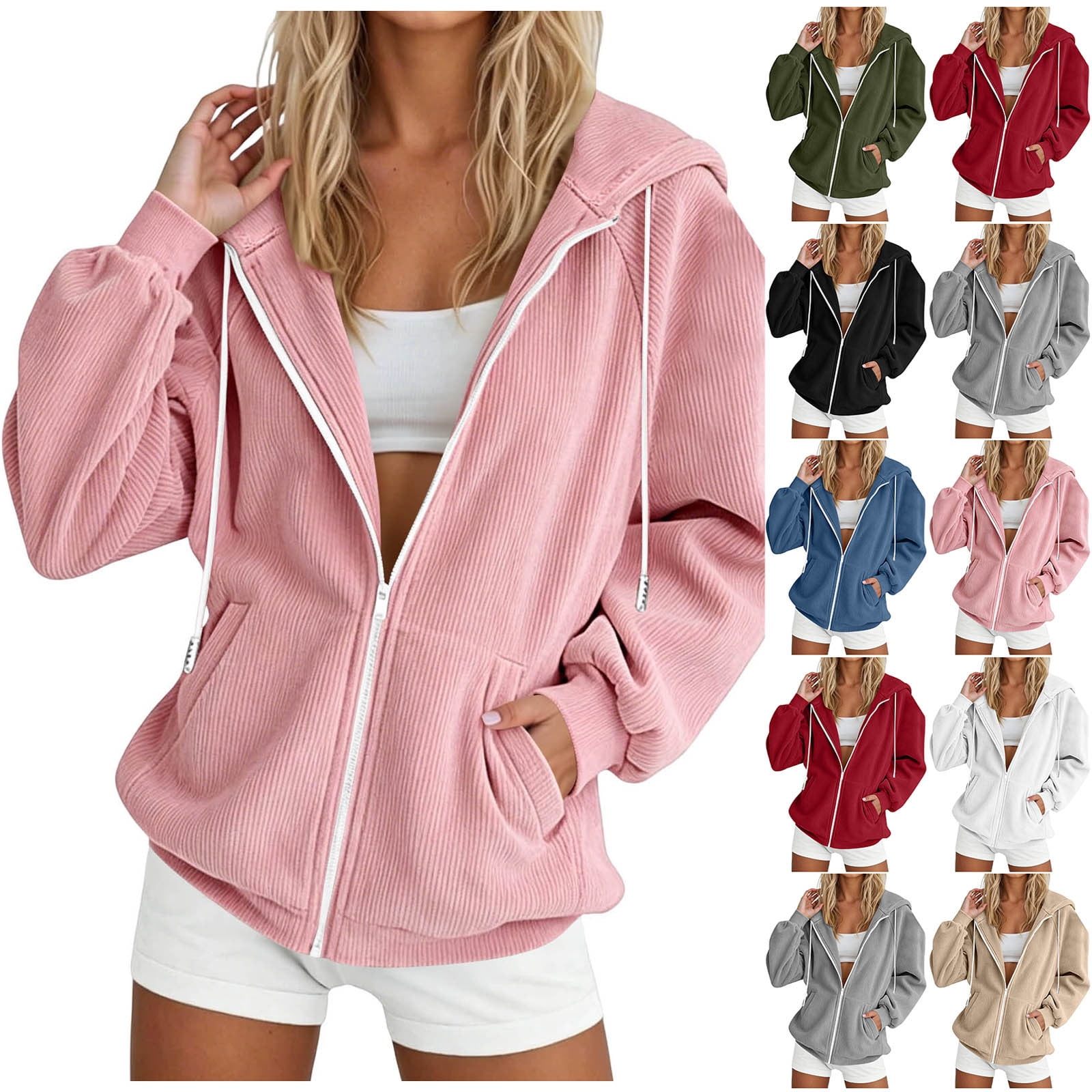 Ailaofu Women's Autumn Hooded Jacket, Solid Color Zip Up Casual Long ...