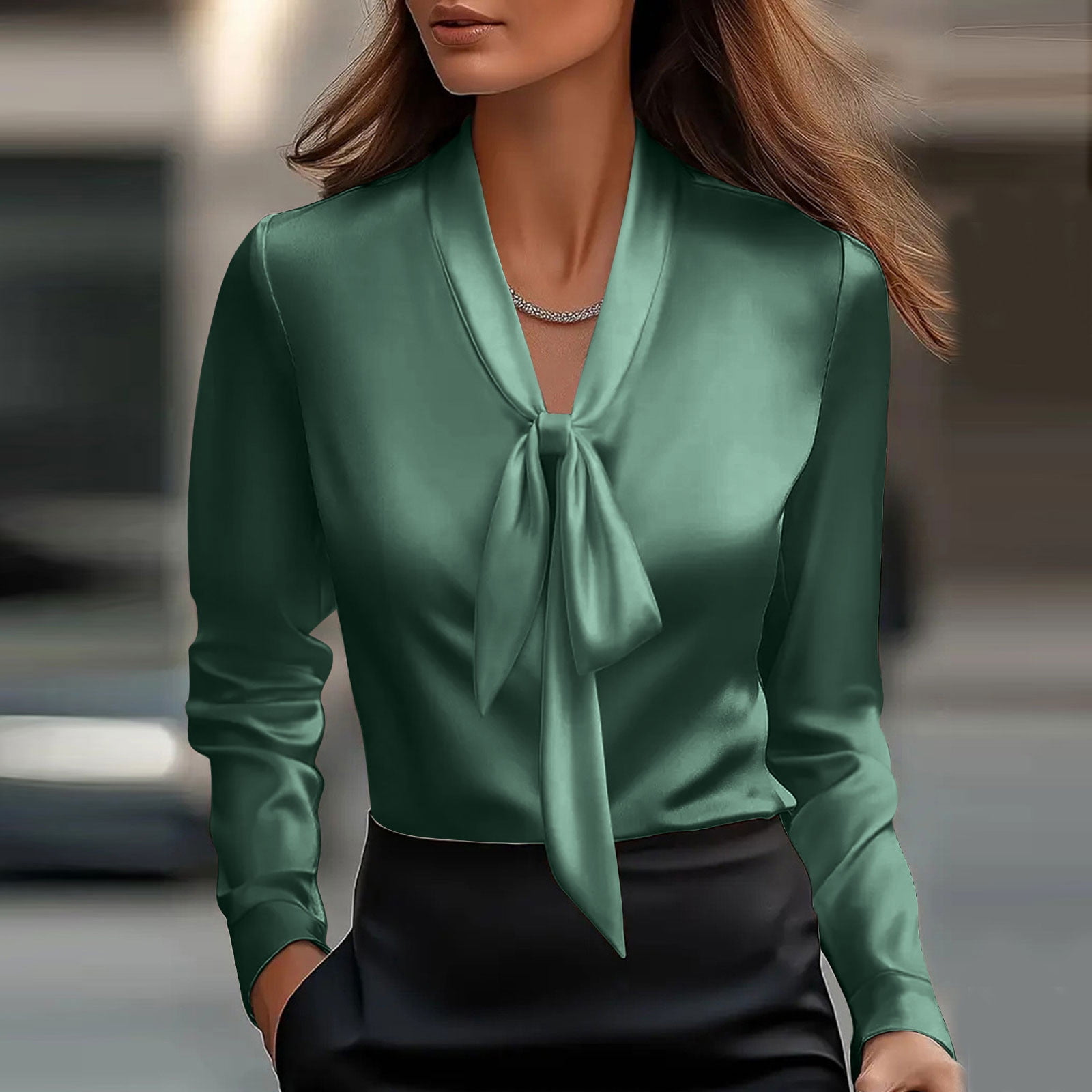 Ailaofu Women's Blouse Long Sleeve Bow Tie Neck Button Down Shirts ...