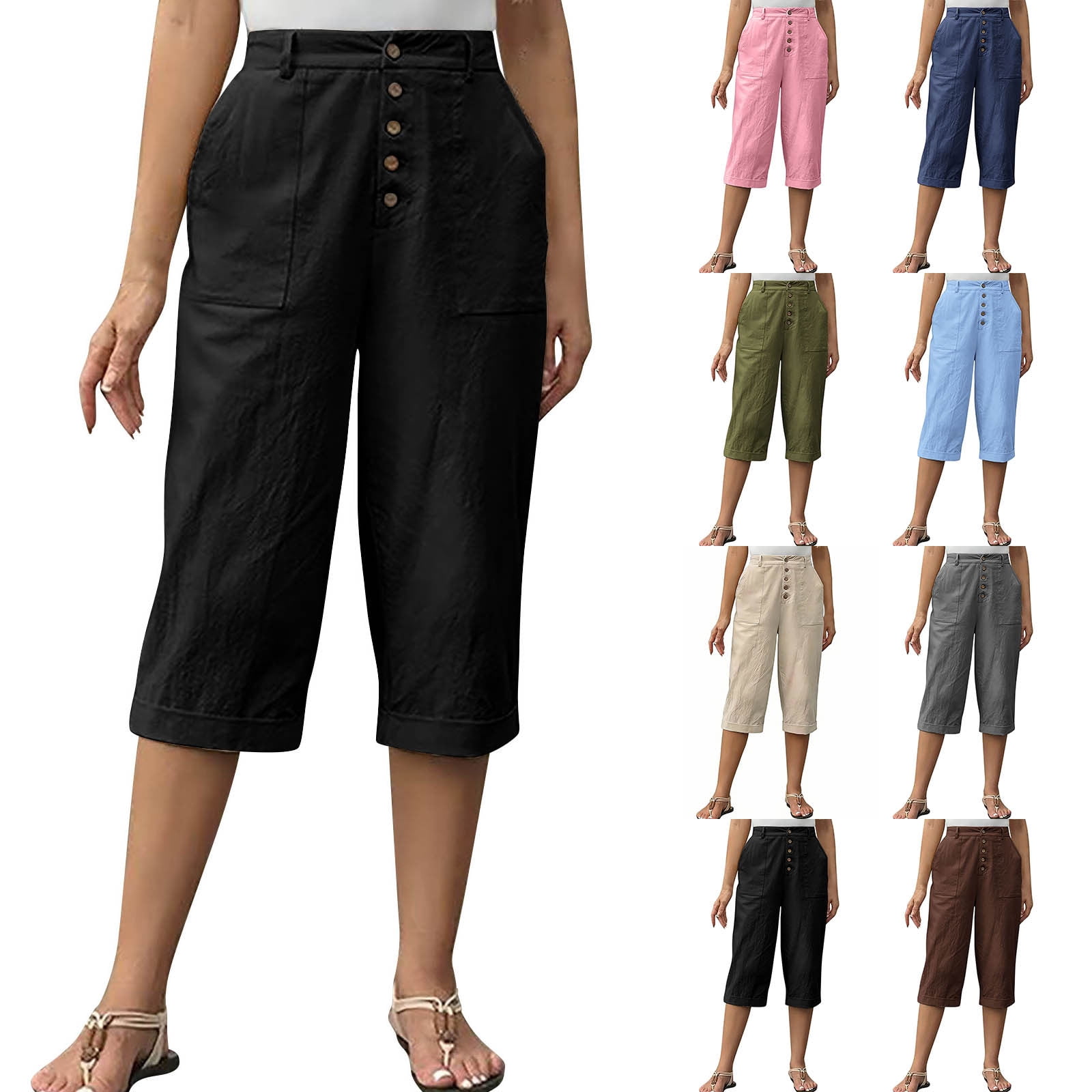 Ailaofu Women's Button Front High Waist Cropped Capri Trousers Dual ...