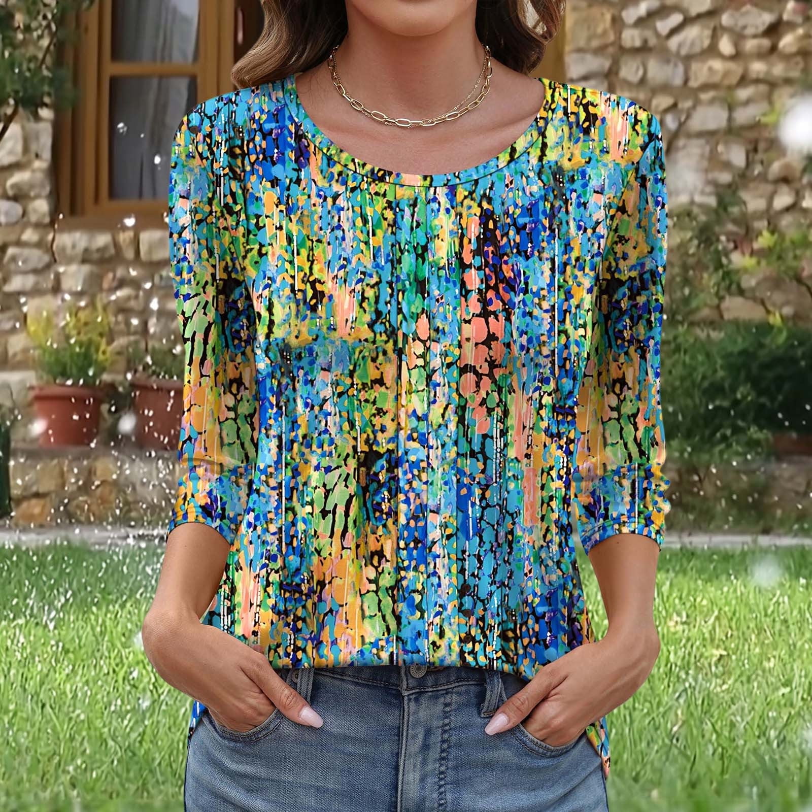 Ailaofu Women's Casual 3/4 Sleeve T-Shirts Round Neck Cute Tunic Tops ...