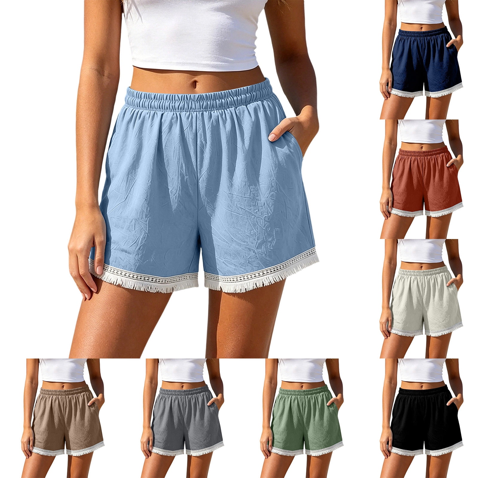Ailaofu Women's Casual Fringed Shorts High Waist Stretch Solid Color ...