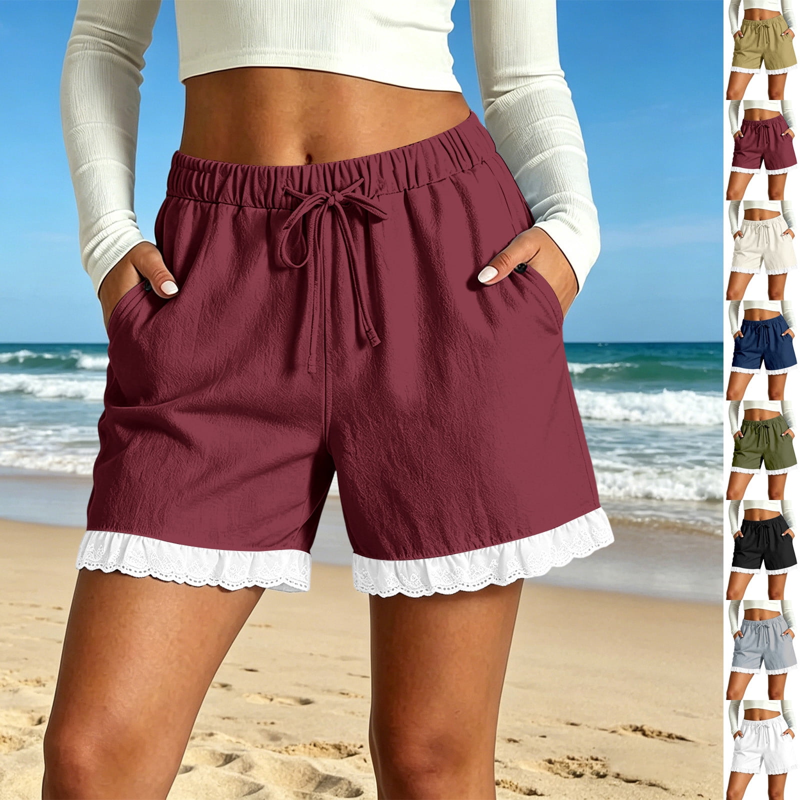 Ailaofu Women's Casual Fringed Shorts High Waist Stretch Solid Color ...