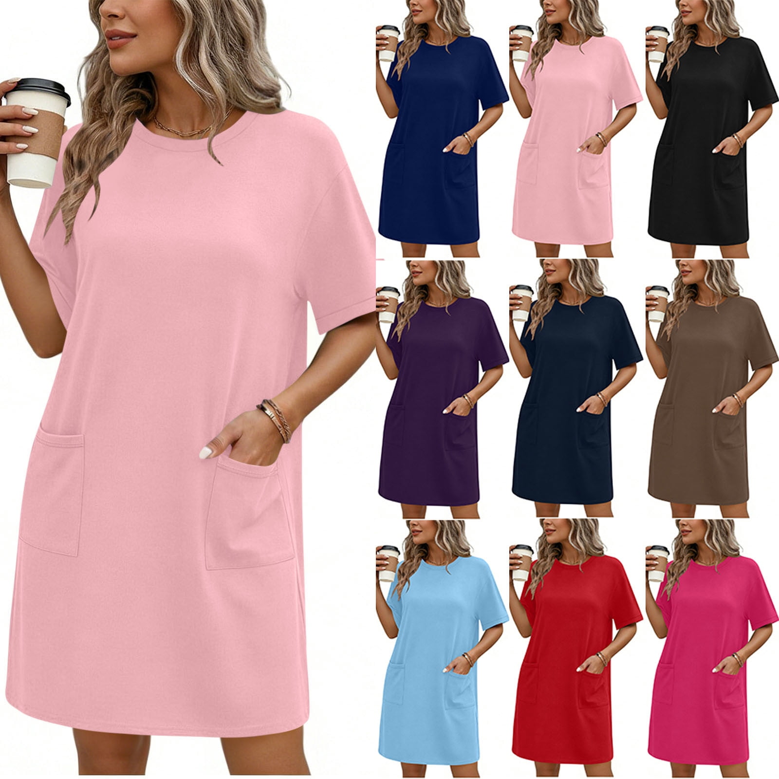 Ailaofu Women's Casual Short Sleeve Dress Solid Color Round Neck Loose ...