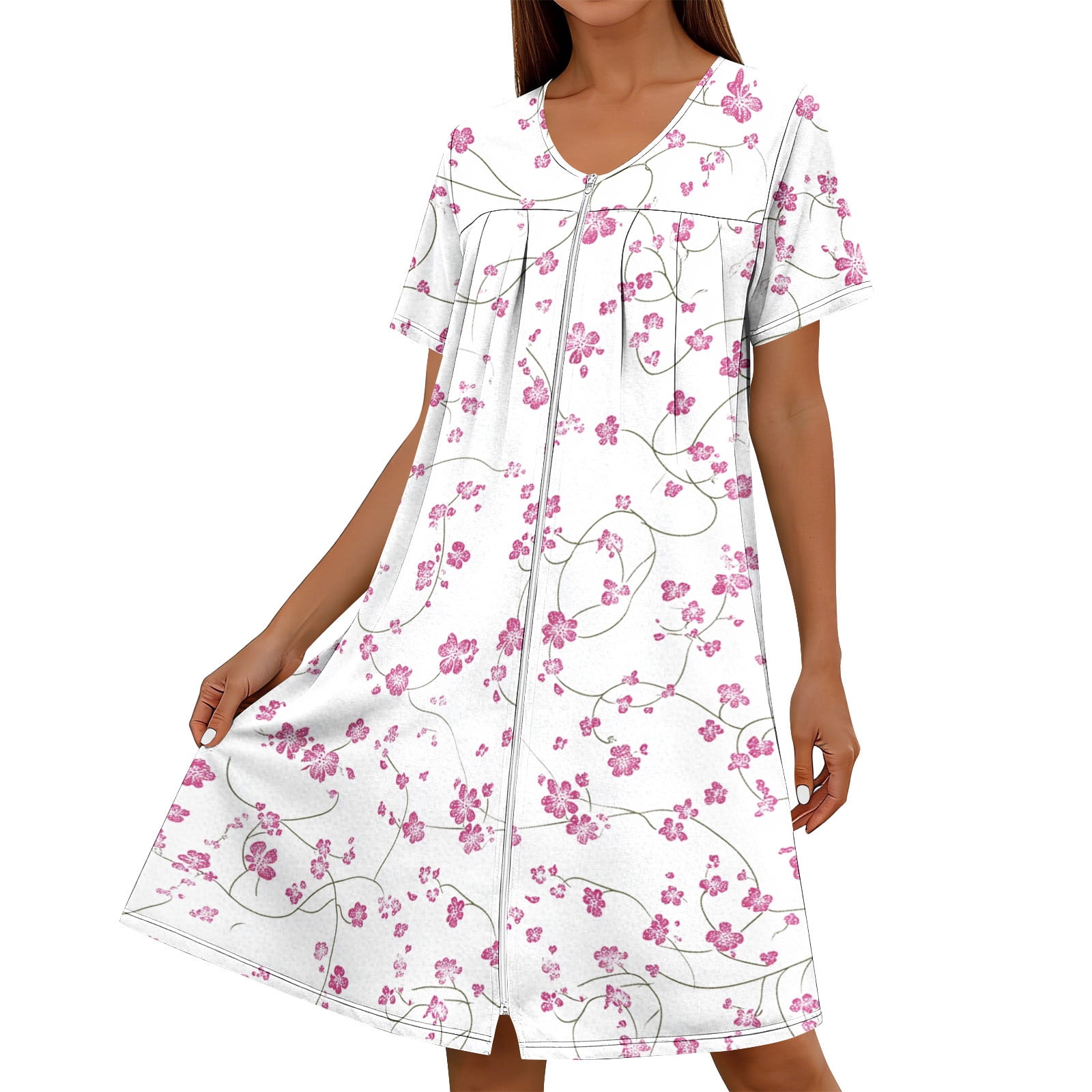 Ailaofu Women's Casual Zipper Printed Nightgown Short Sleeve Round Neck ...